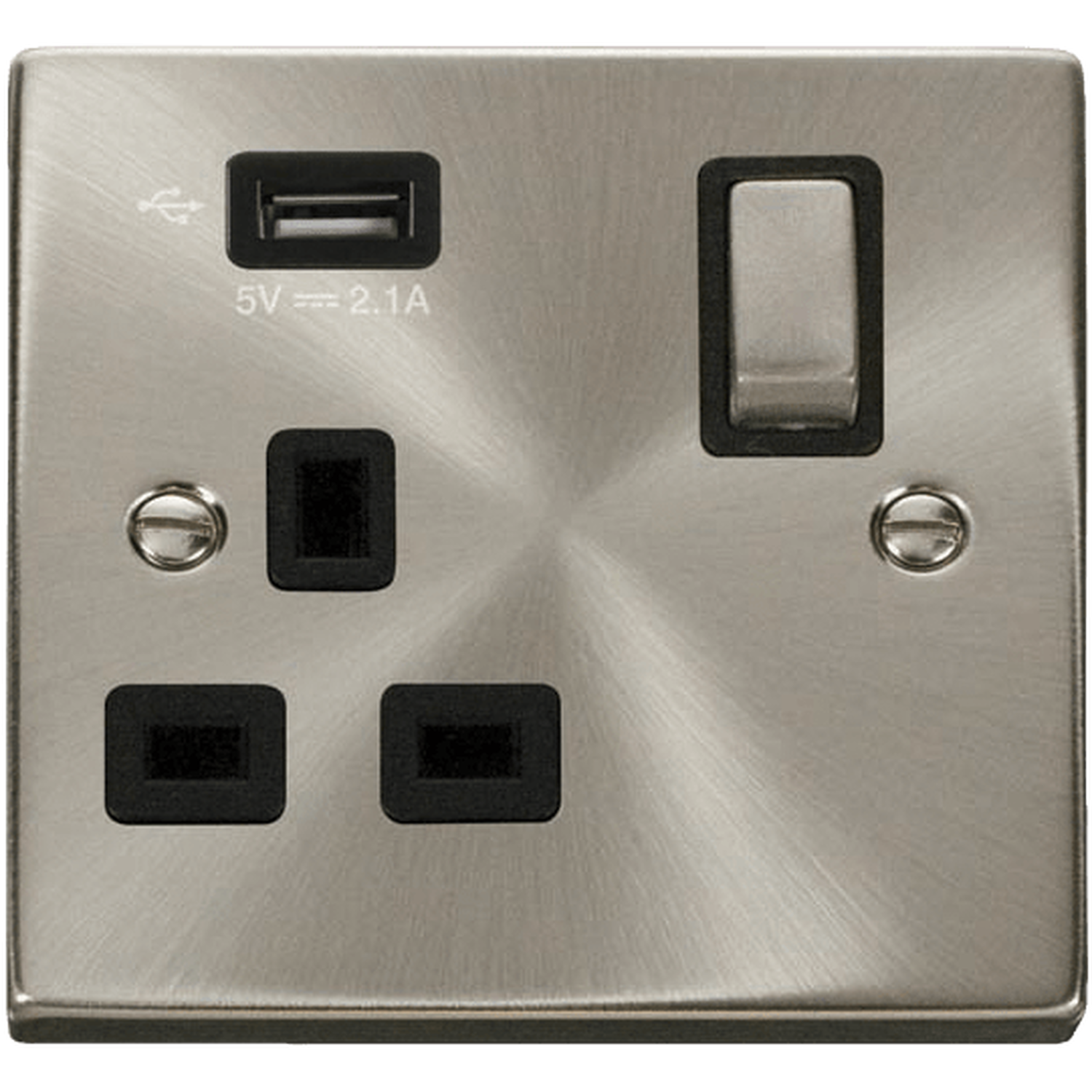 Satin Brushed Chrome 1 Gang 13A DP Ingot 1 USB Switched Plug Socket