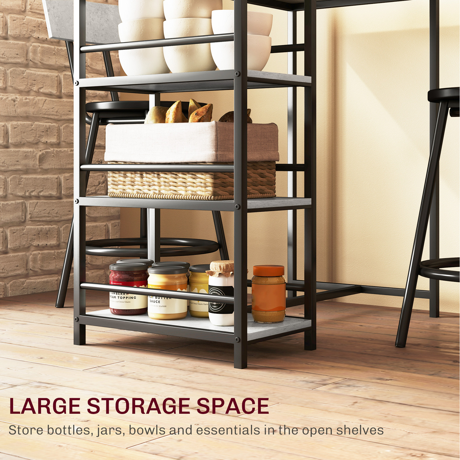 HOMCOM 3 Piece Breakfast Bar Table Set with Shelves Space Saving