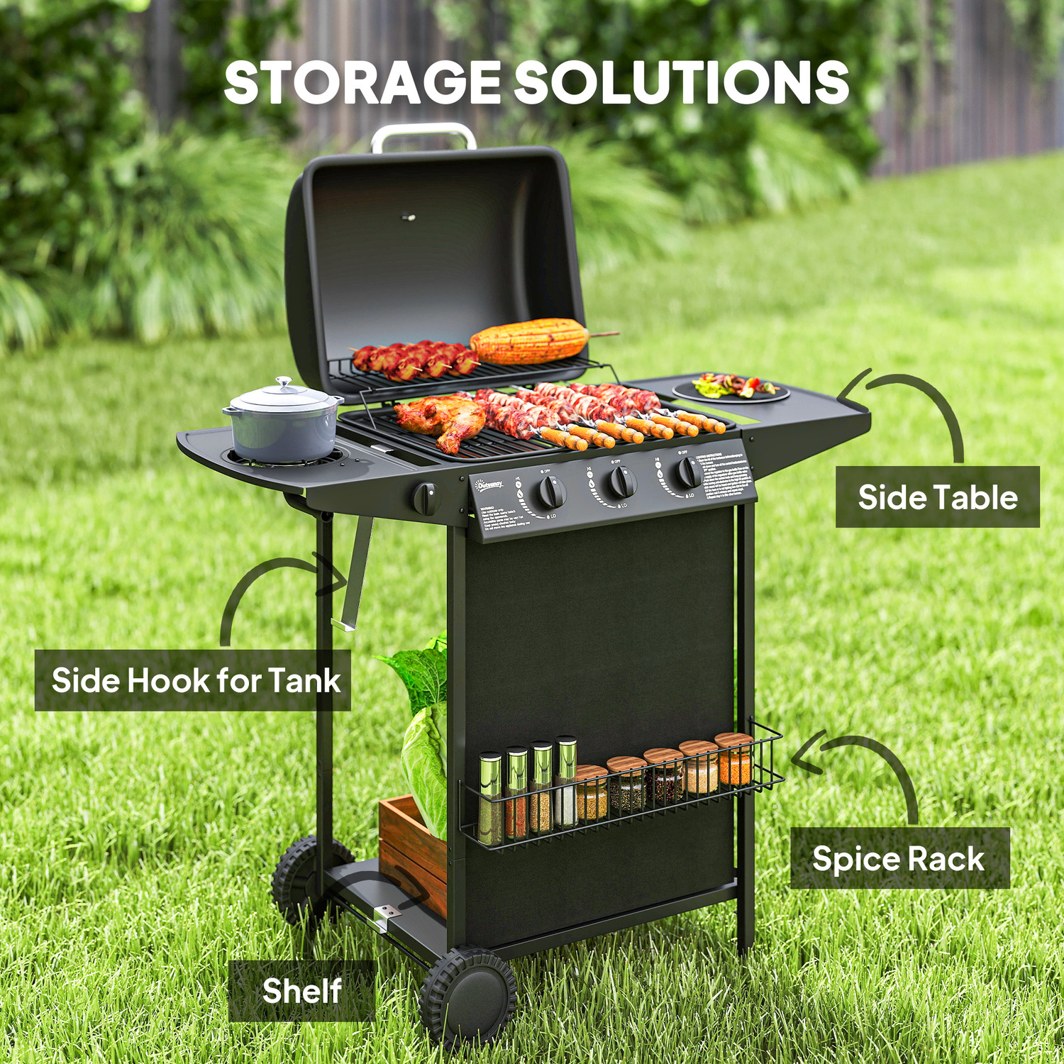 Outsunny Portable 4 Burner Gas BBQ Grill with Built-in Thermometer