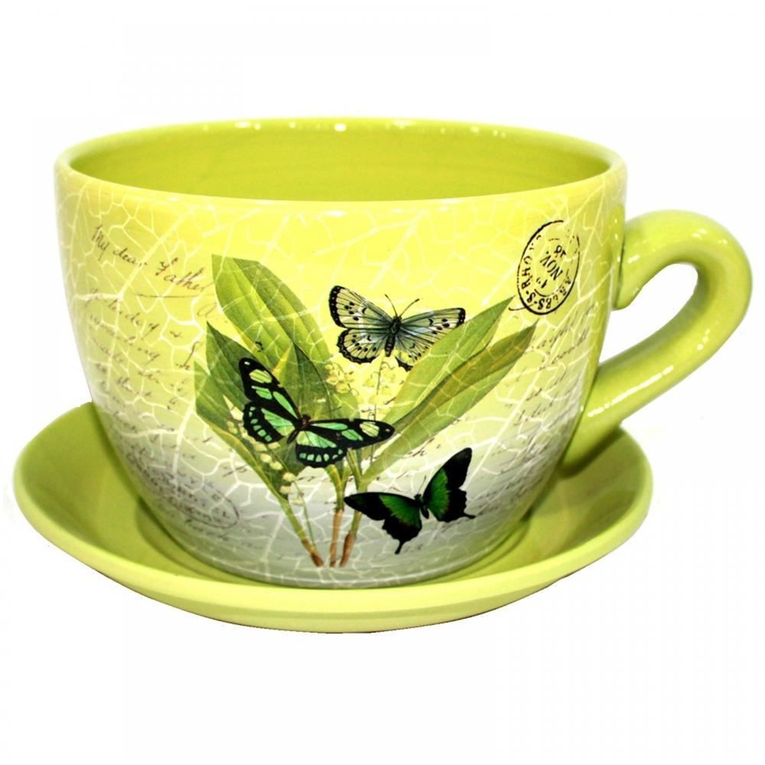 Large Green Butterfly Leaf Tea Cup And Saucer Planter