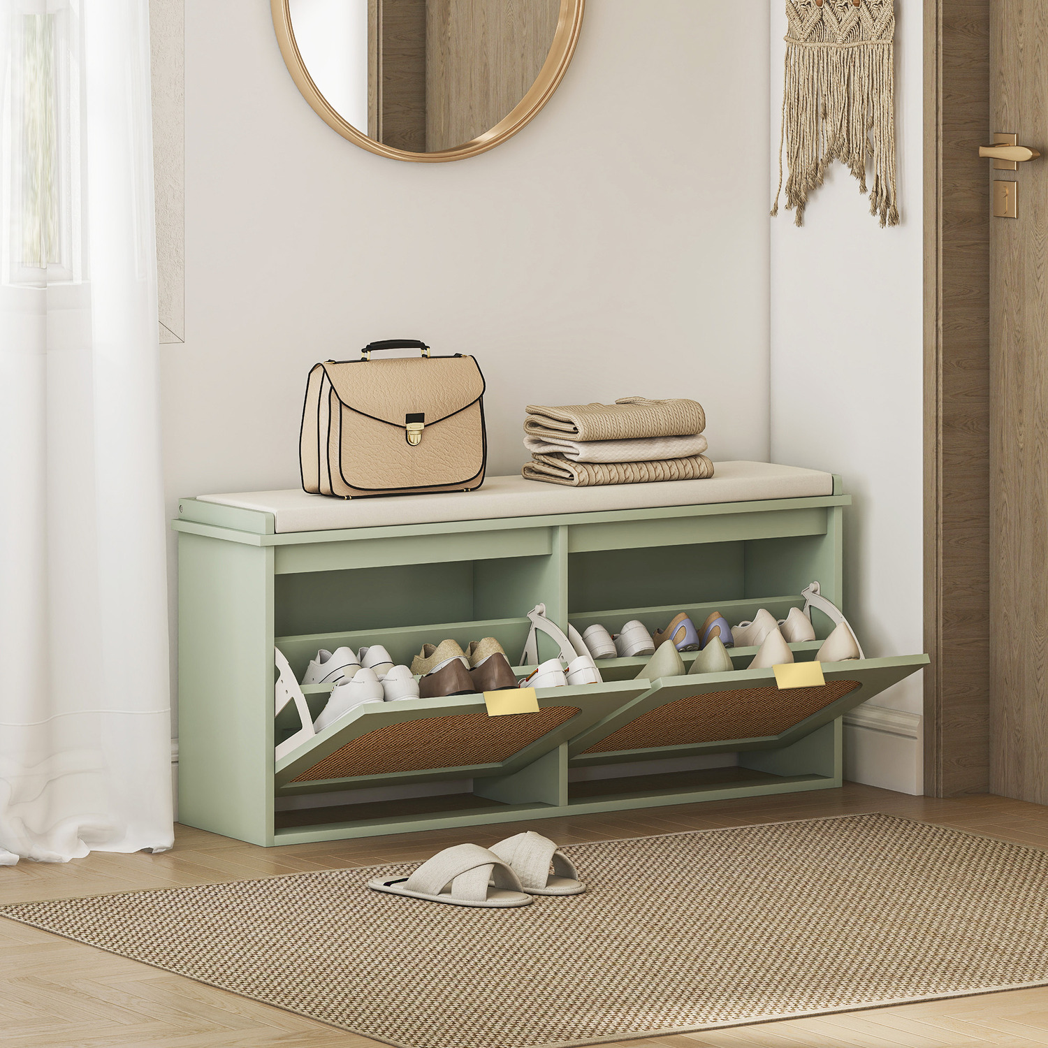 HOMCOM Boho Shoe Bench with Padded Seat and Flip-Drawer