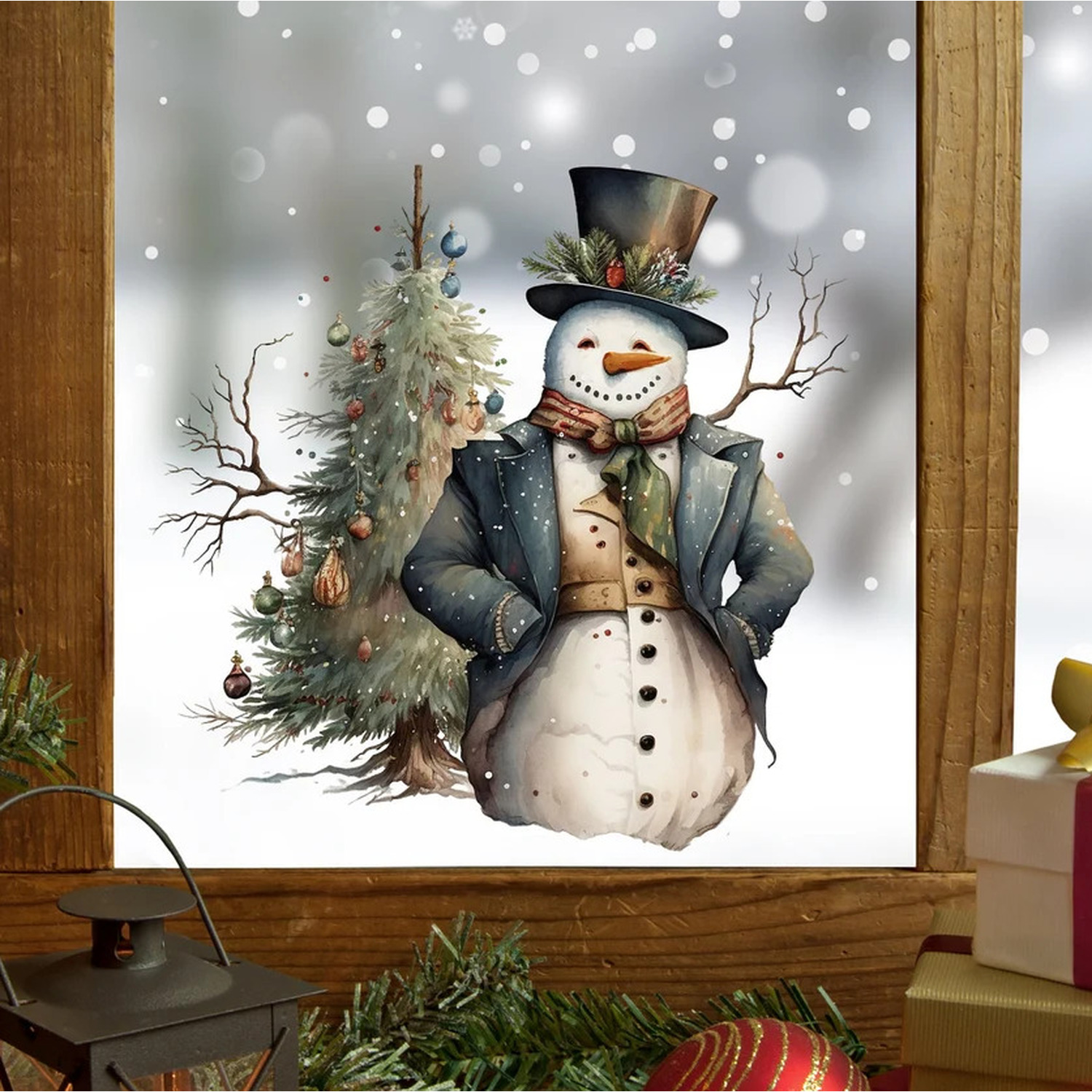 Vintage Snowman Double Sided Christmas Window Sticker
