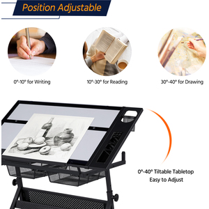 Adjustable Glass Drafting Table with 2 Drawers and Storage