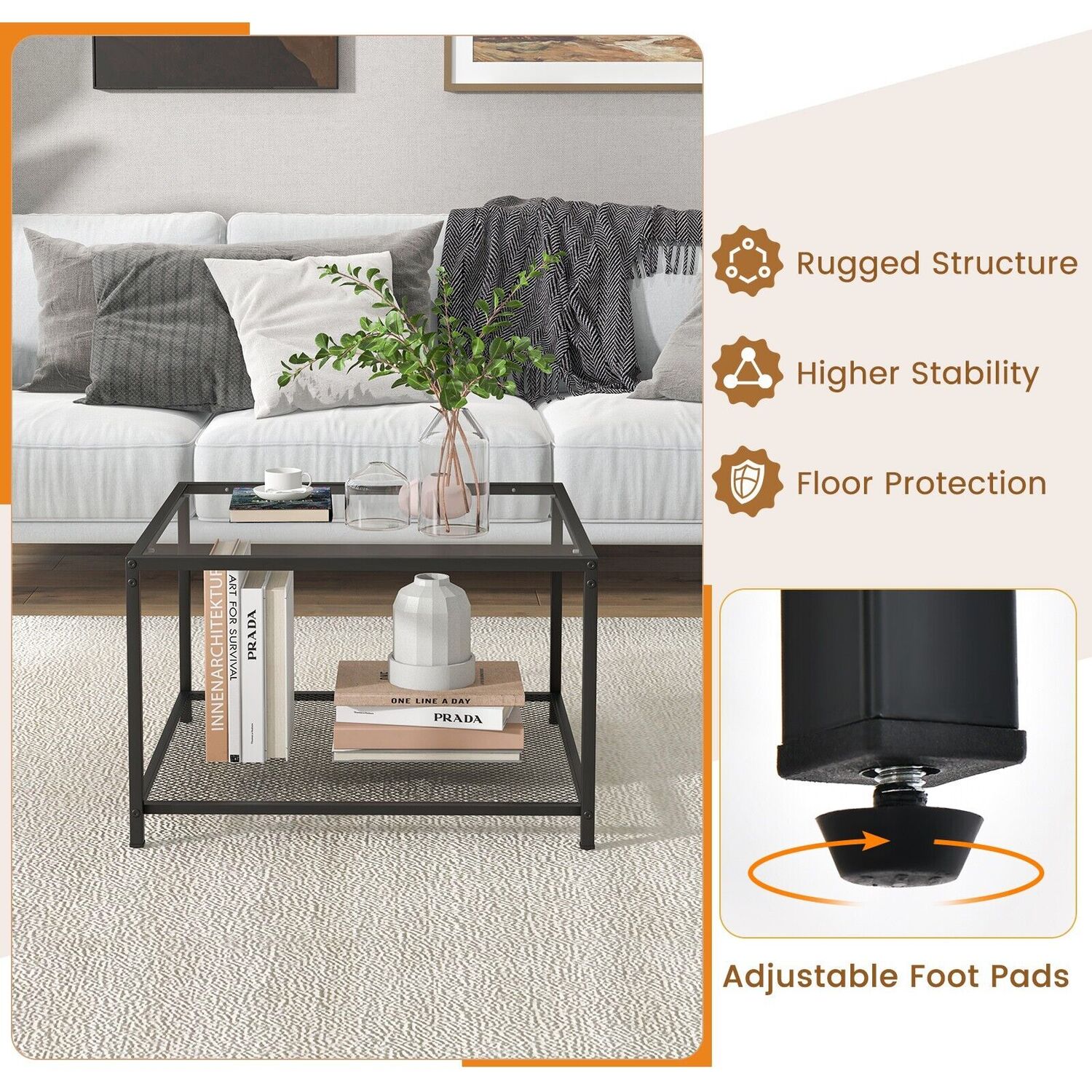 Tempered Glass Sofa Side Table Accent Center Table