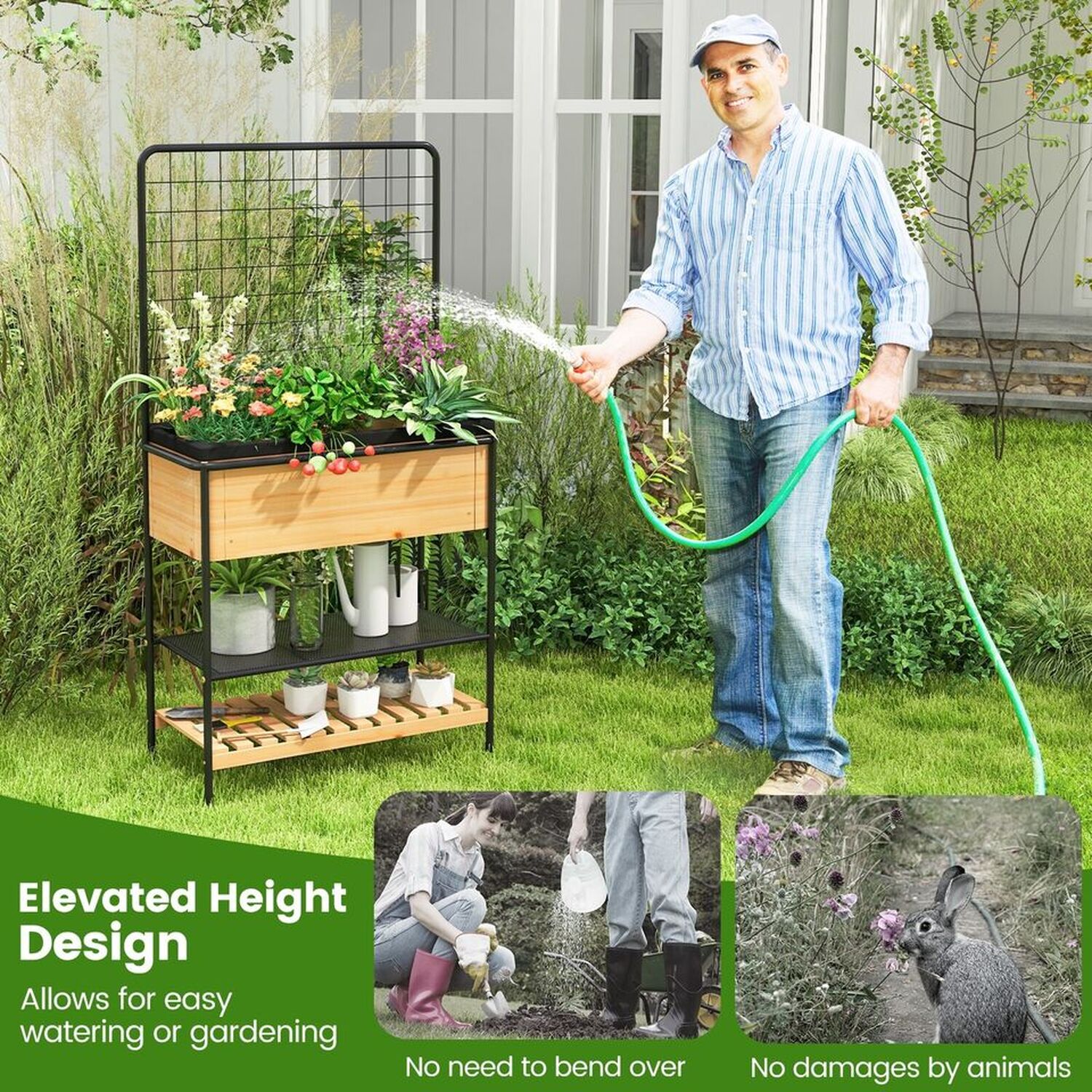Wooden Elevated Planter Box with Removable Grid Divider