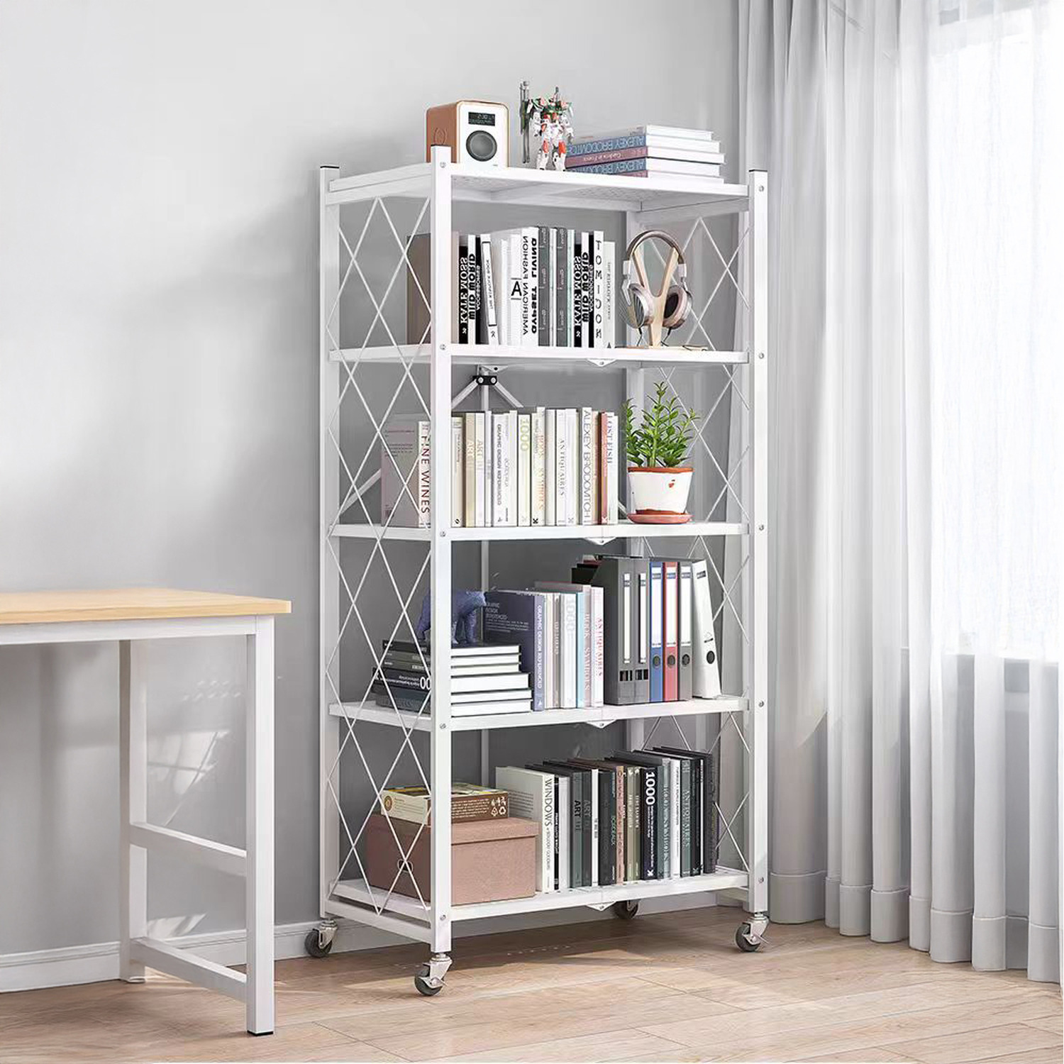 5 Tier Folding Metal Storage Shelf with Casters