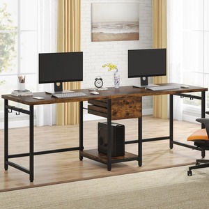 Double Desk with Drawers and Storage Shelves