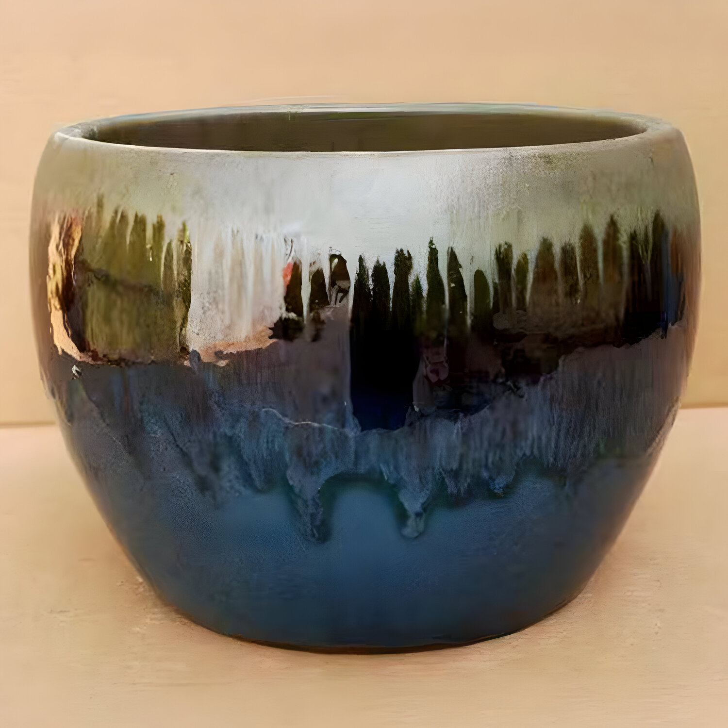 Glazed Round Outdoor Clay Planter in Two Tone Blue and Gold