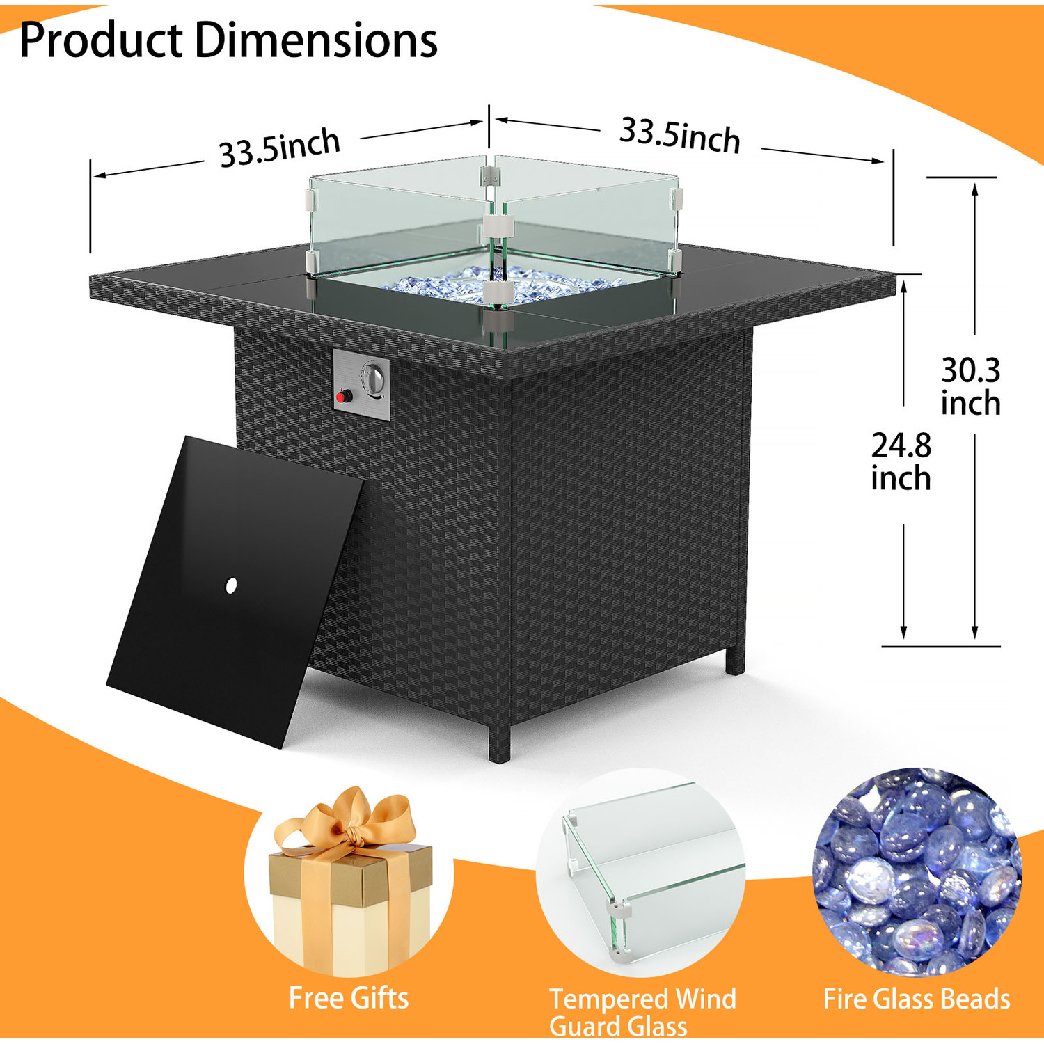 Gas Fire Pit with Glass Tabletop and Rattan Pattern Steel Base