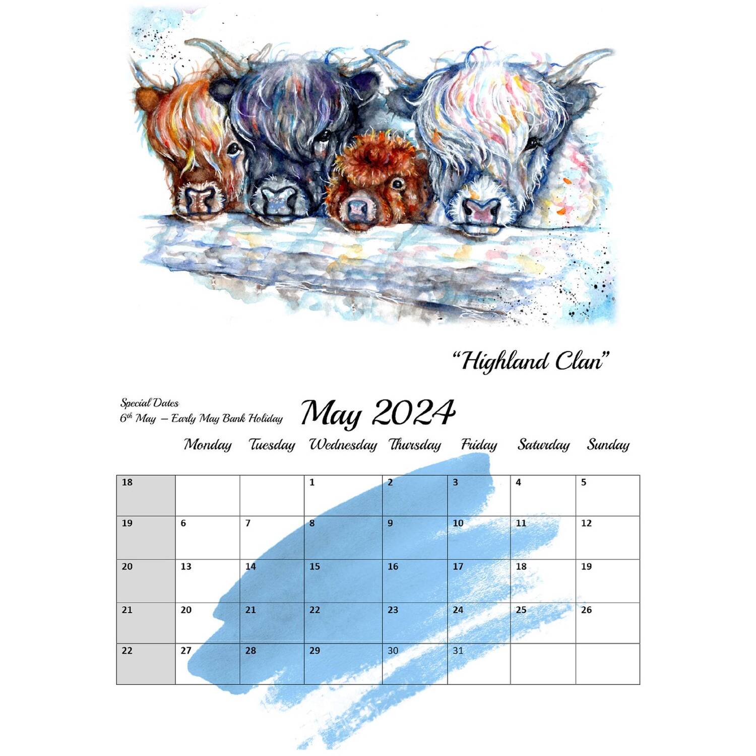 Highland Cows in Watercolour 2024 Calendar