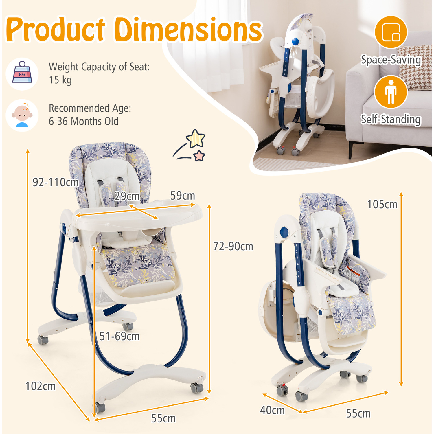 Folding Baby Highchair with Rolling Wheels