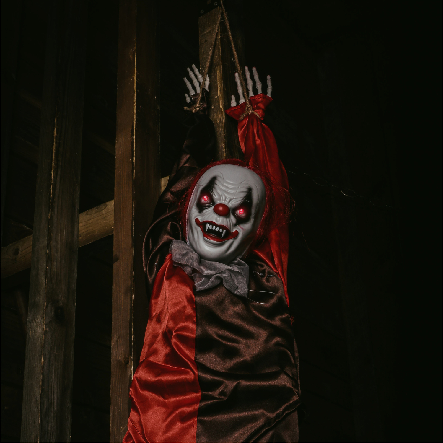 Animatronic Hanging Clown Halloween Decoration with Light up Eyes Sound FX