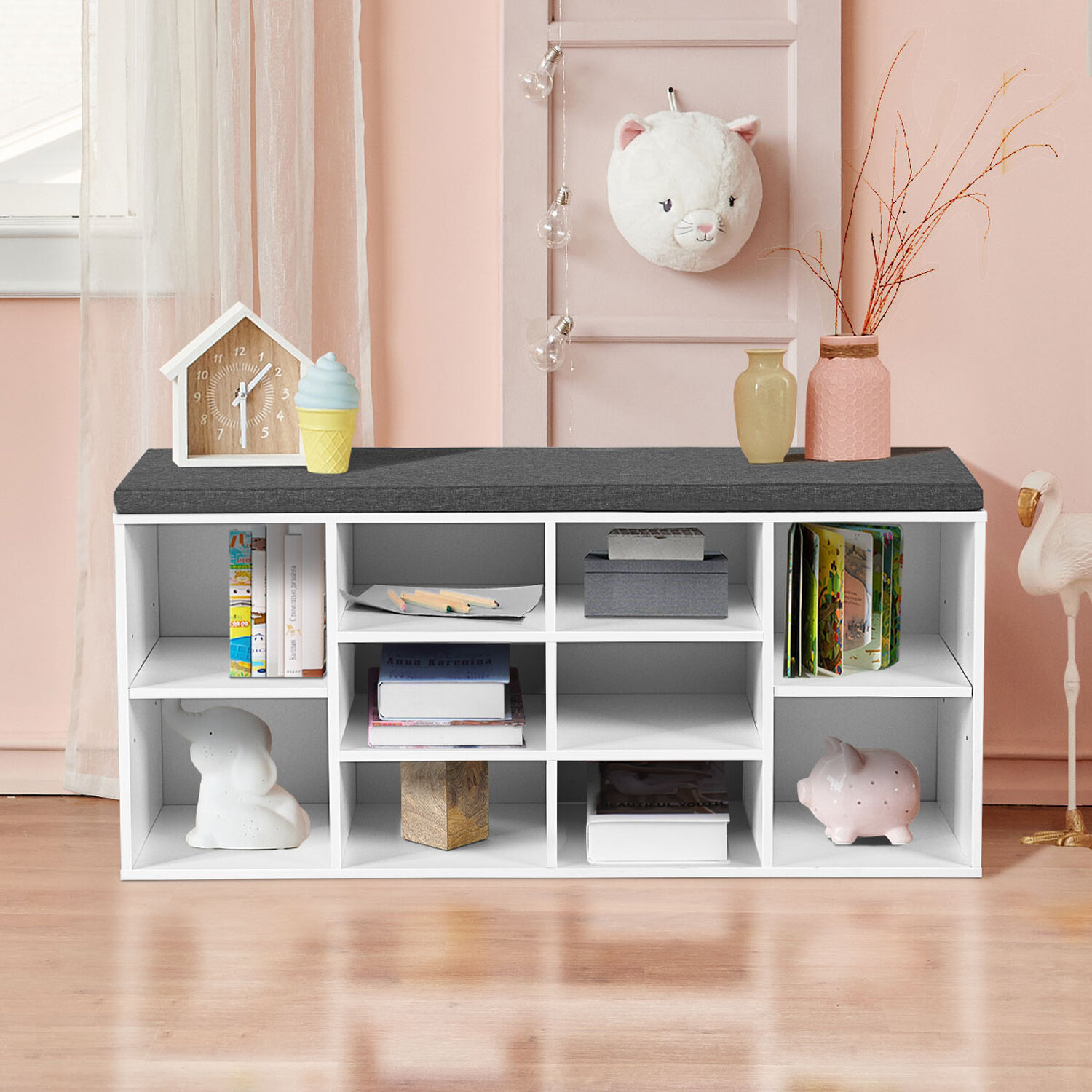 10-Cube Storage Cabinet Shoe Bench with Padded Cushions