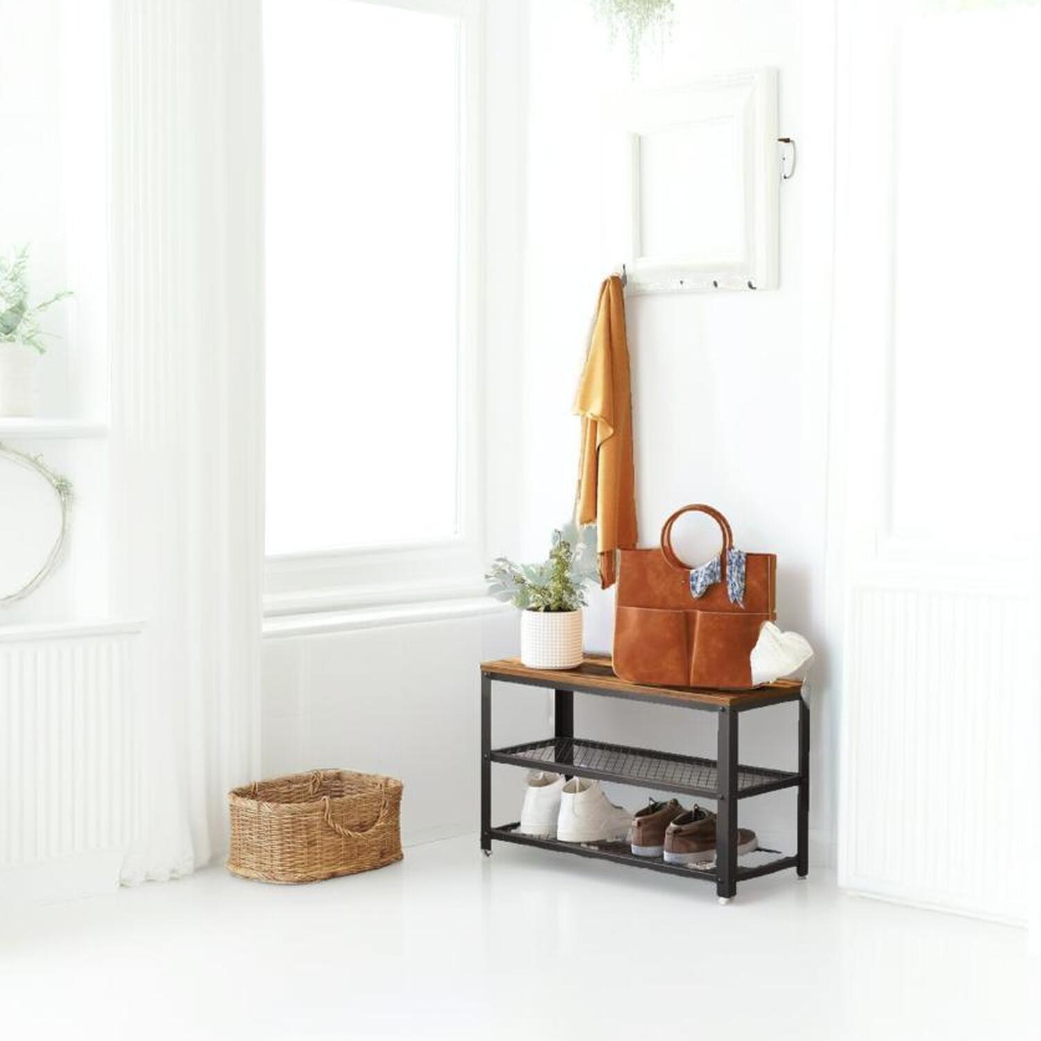 Industrial Style Shoe Bench with 2 Shelves and Steel Structure