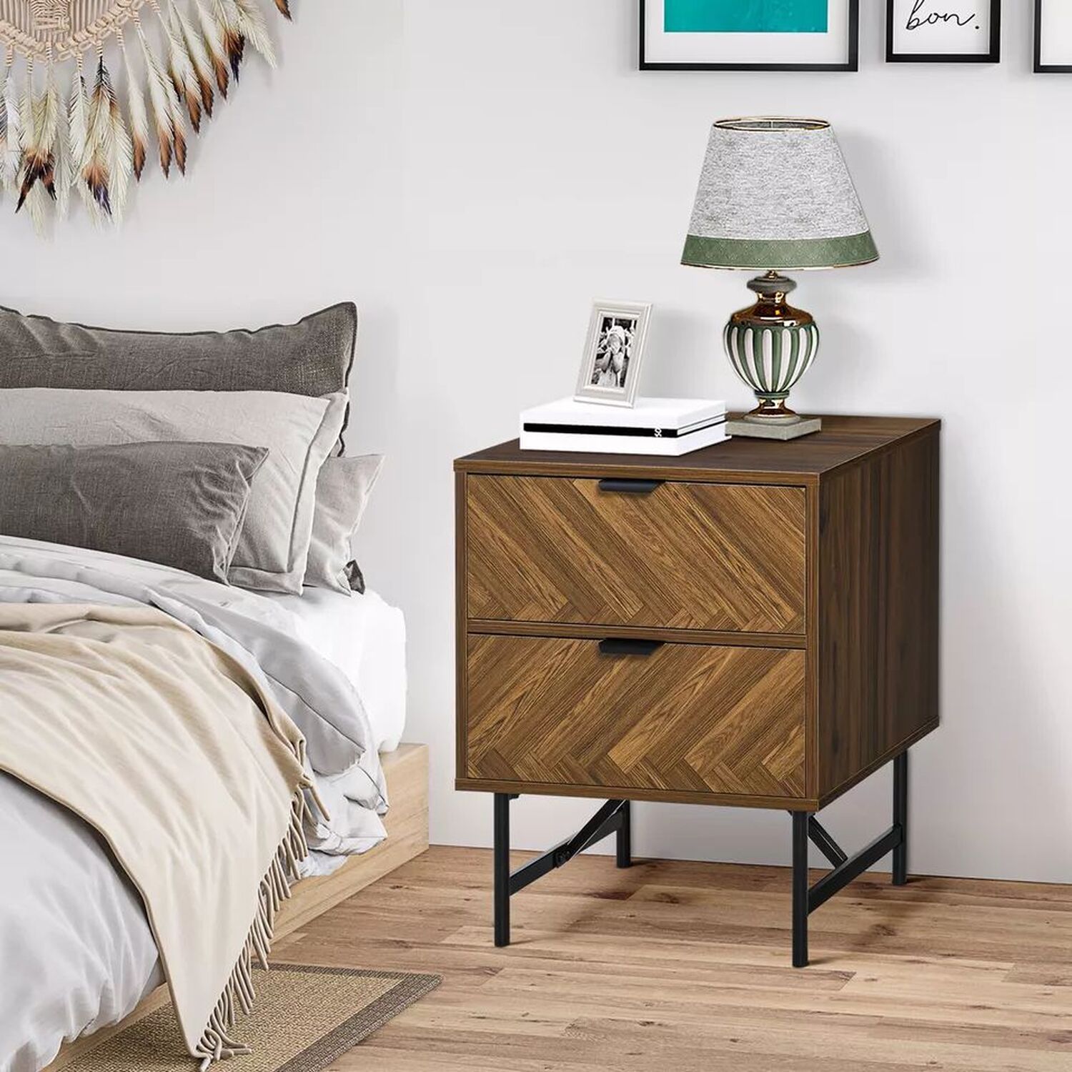 2 Drawer Wooden Chevron Bedside Table