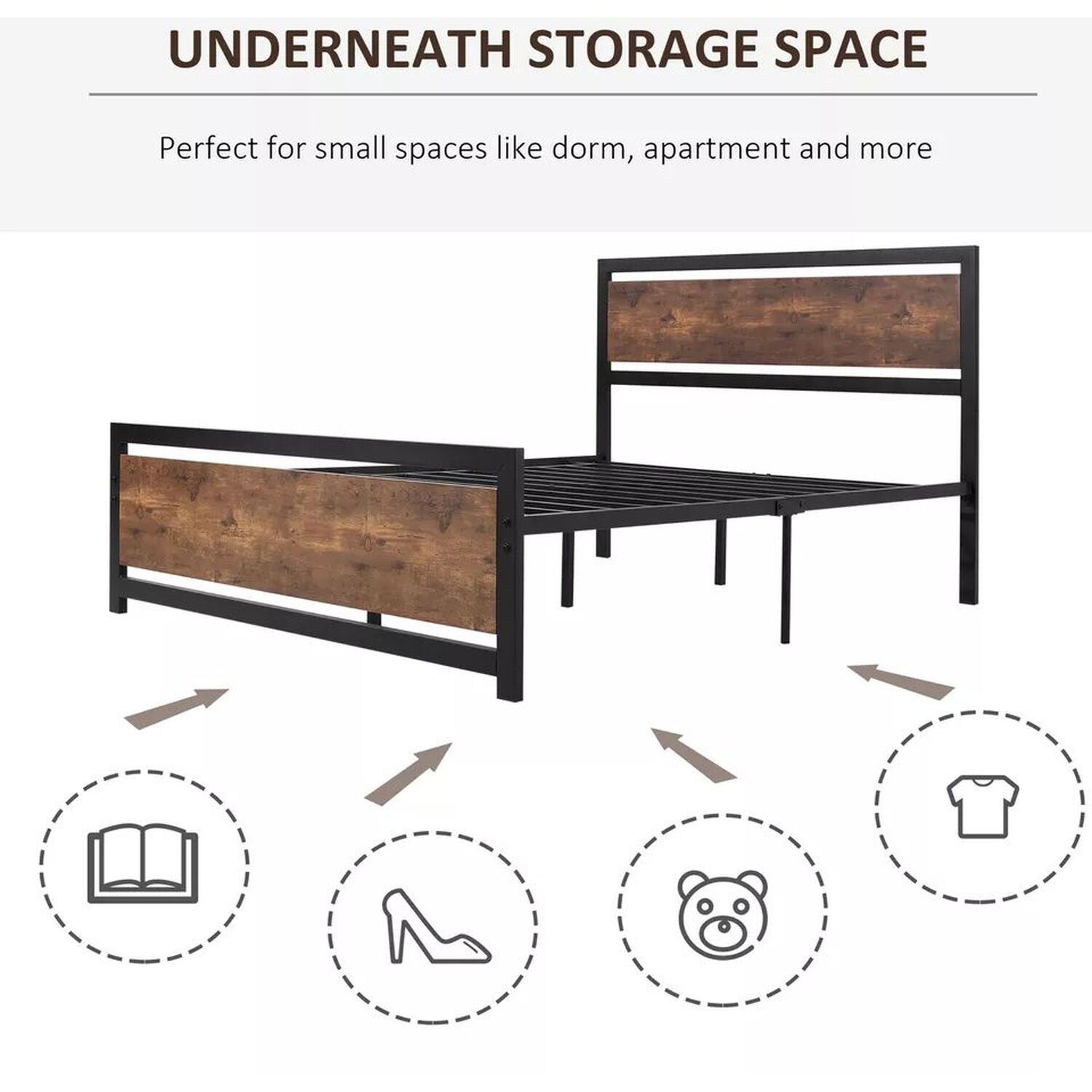 Double Metal and Wood Bed Frame Slat Support