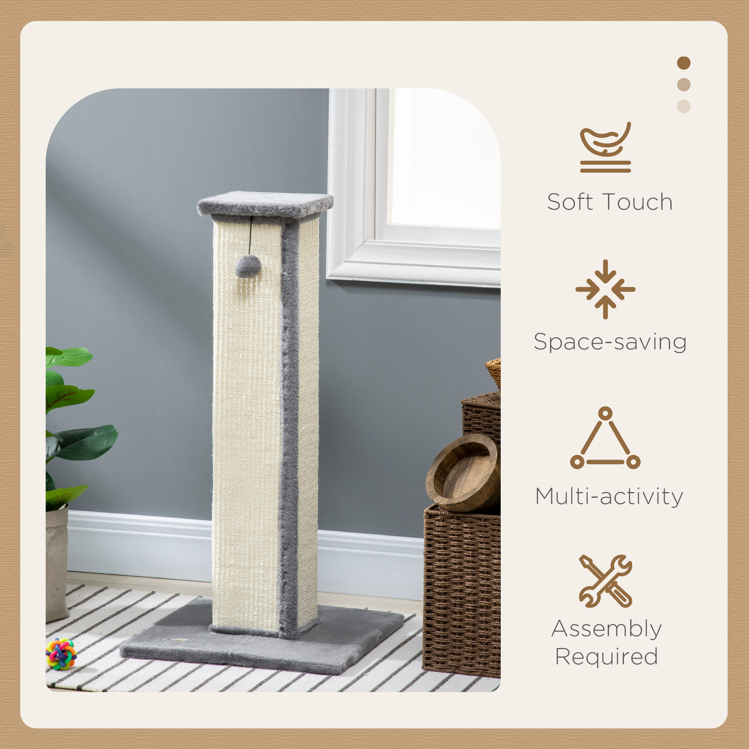 PawHut 81cm Cat Scratching Post with Natural Jute Rope and Hanging Ball