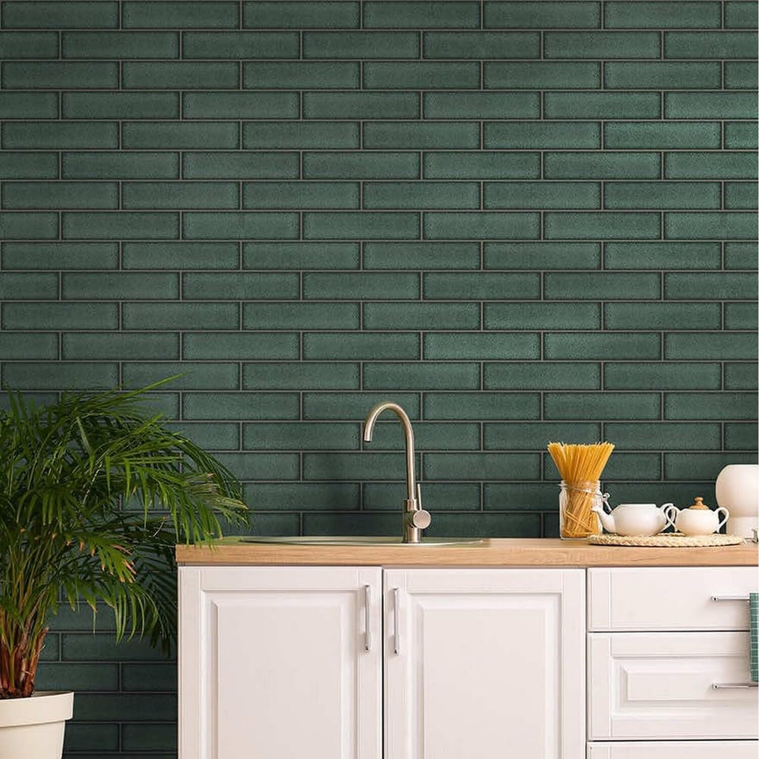 Celadon Gloss Tiles Brick Tiling On a Roll Wallpaper