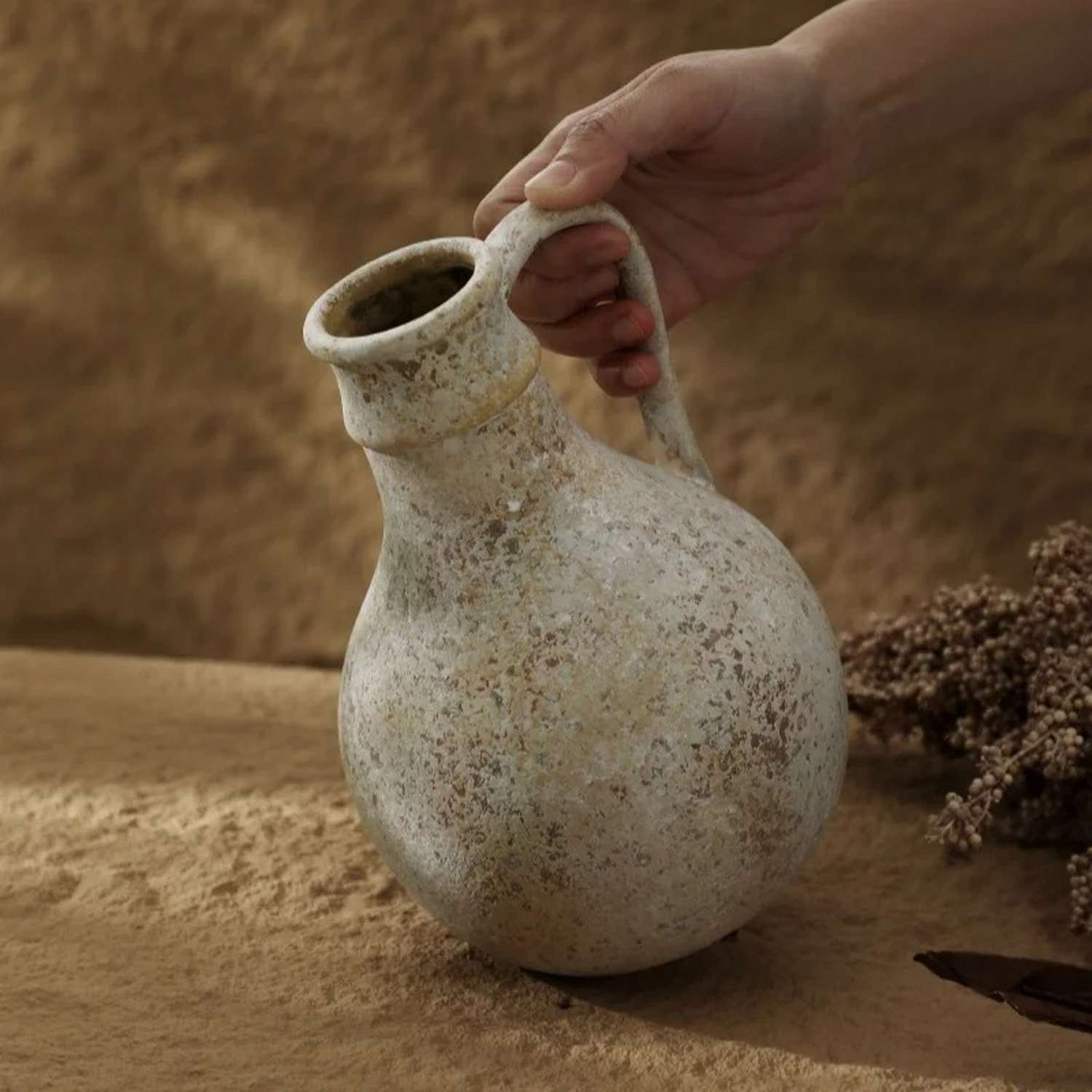 Aged Retro Ceramic Vase With Handle