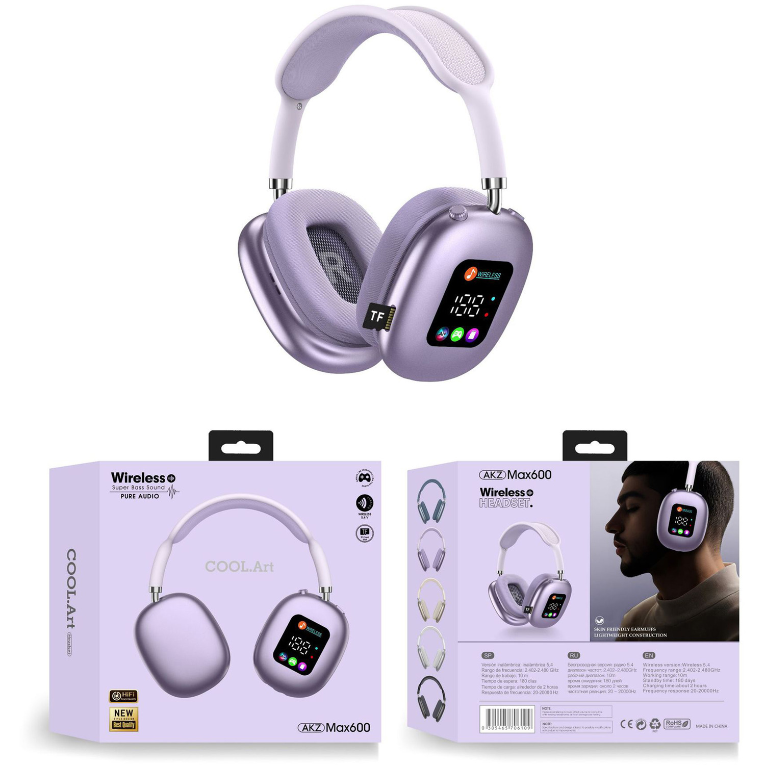 Wireless Head-mounted Bluetooth Headphones with Screen Digital Display