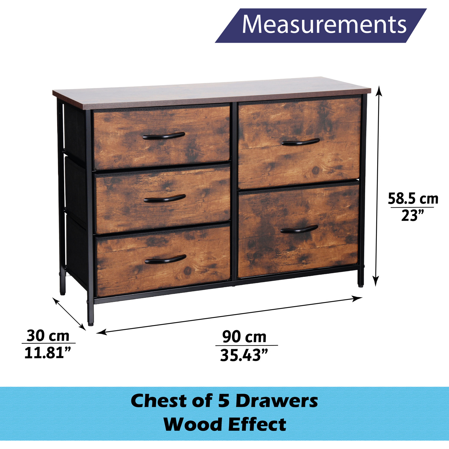Chest Of Drawers With Metal Frame, 5 Large Deep Fabric Drawers