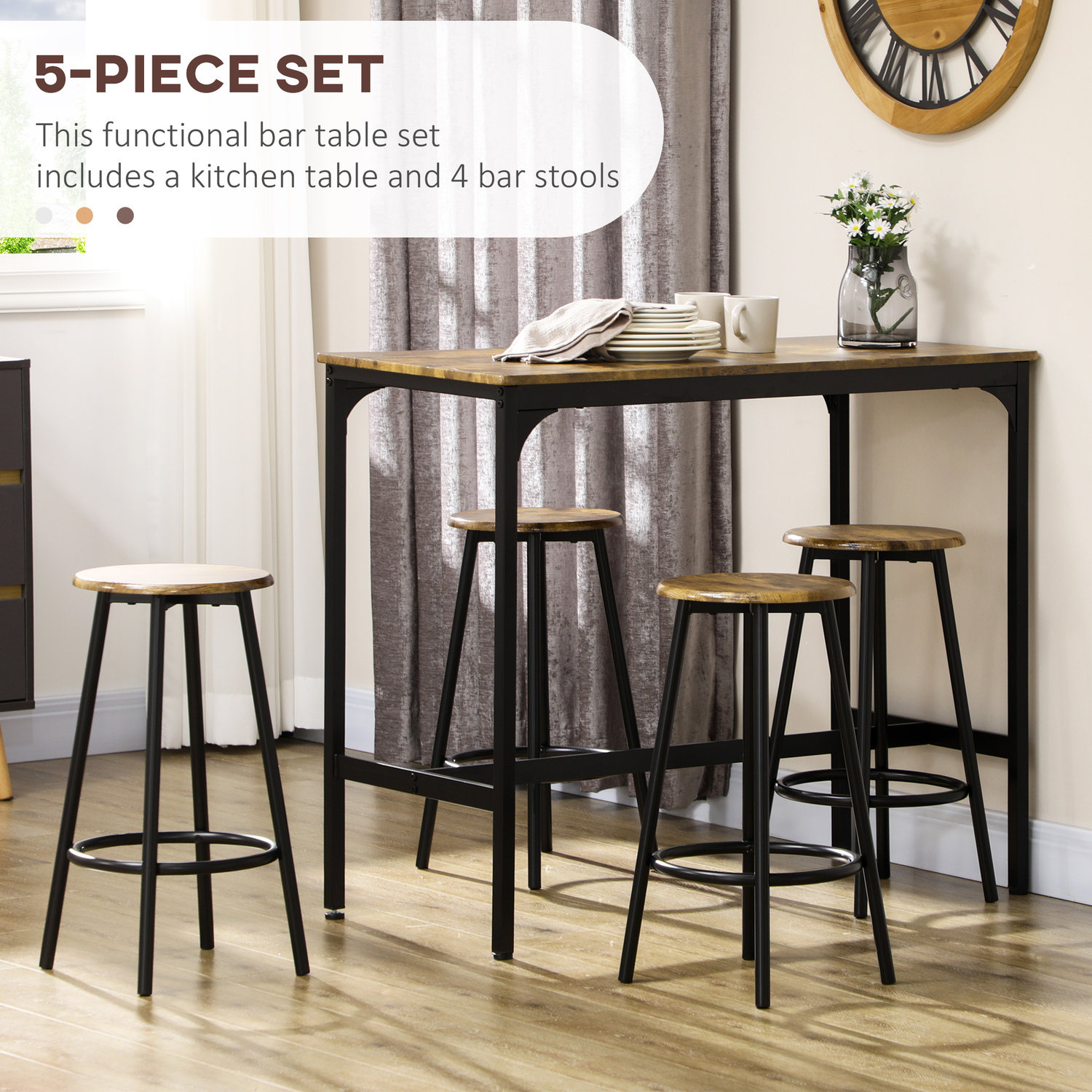 HOMCOM 5 Piece Bar Table Set Industrial Set for 4