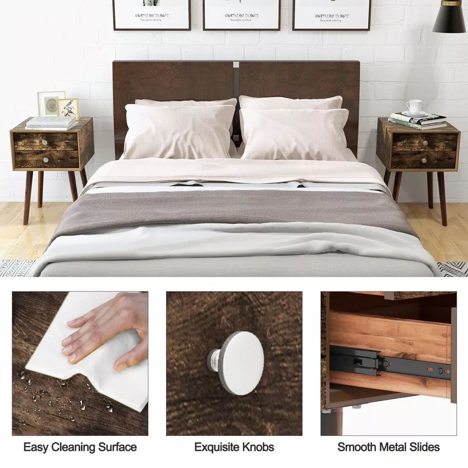 Rustic Wooden Bedside Table with Drawers