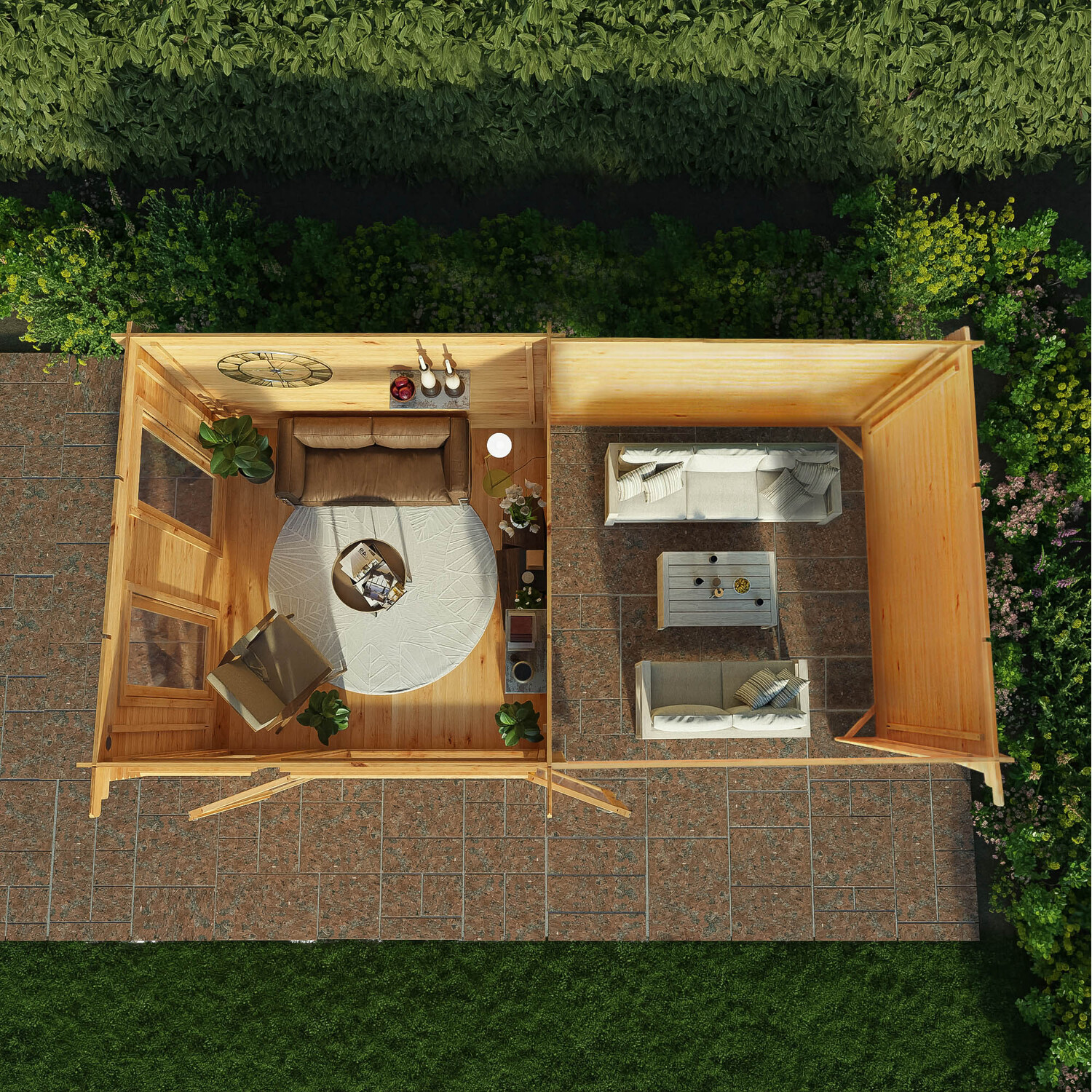 6m x 3m Wooden Log Cabin Studio with Patio Area Pent Roof - 28mm Thickness