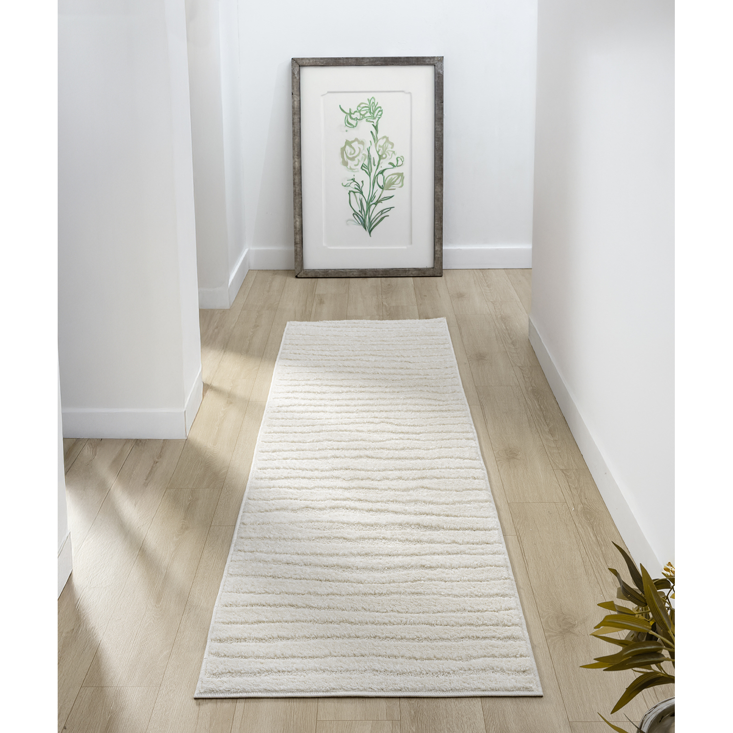 Aya Living Room Area Rugs - Embossed Lines Pattern Cream Rug