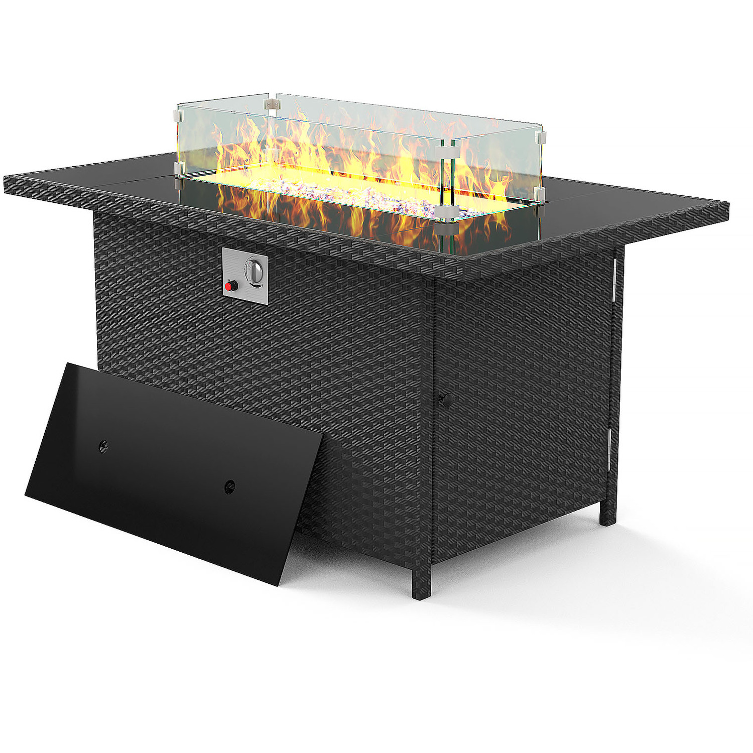 Gas Fire Pit with Glass Tabletop and Rattan Pattern Steel Base