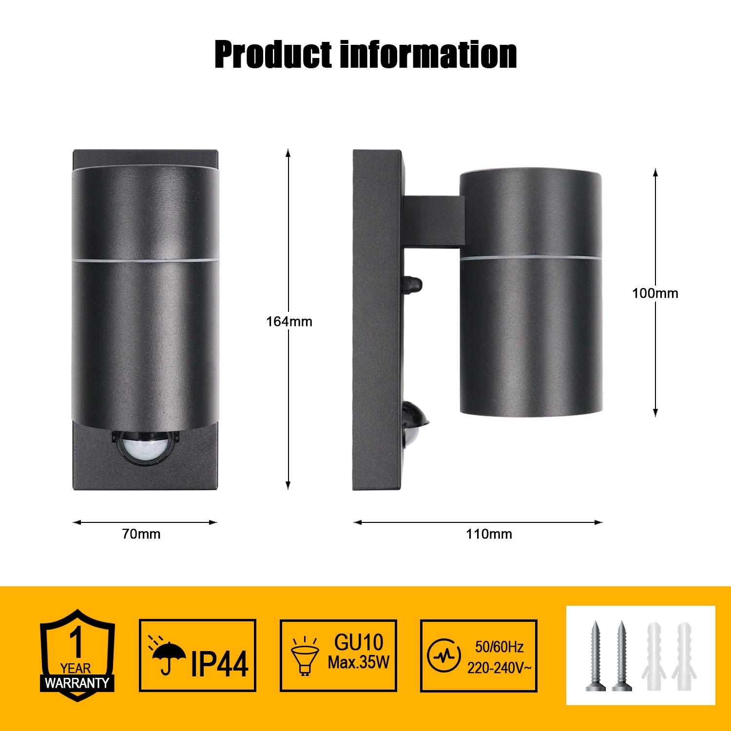 Outdoor PIR Sensor Down Wall Light Black IP44 (GU10 6W included)
