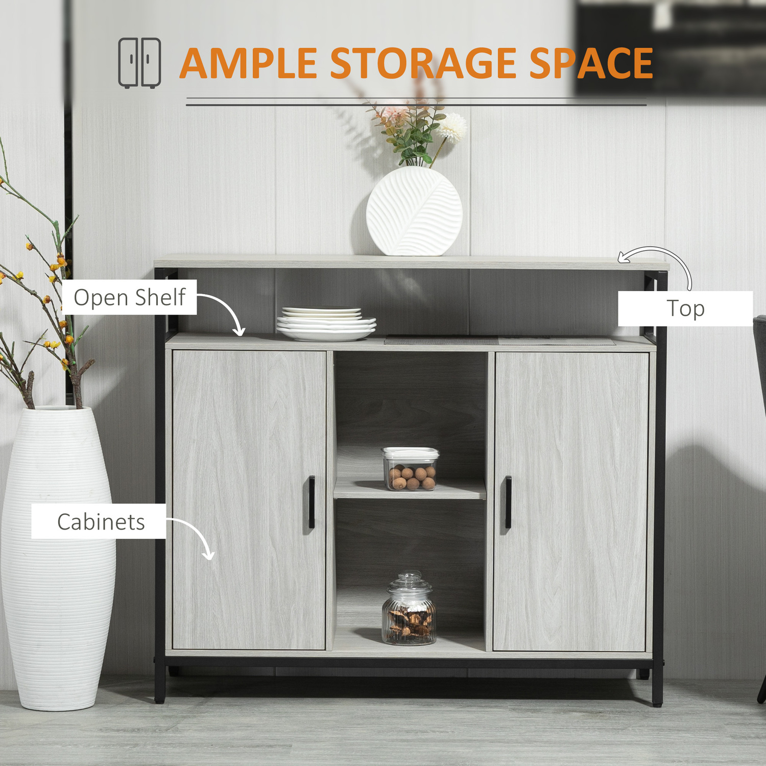 HOMCOM Modern Sideboard, Steel Frame Storage Cabinet with 2 Doors