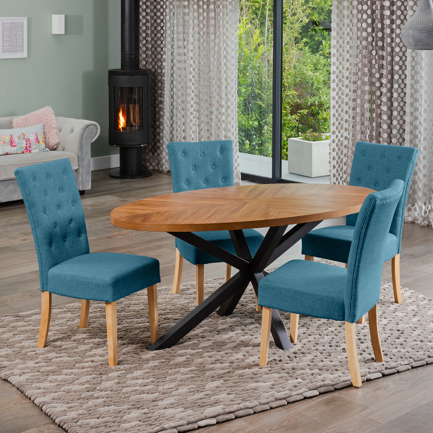 Dossena Oval Dining Table Set with 4 Pienza Fabric Chairs
