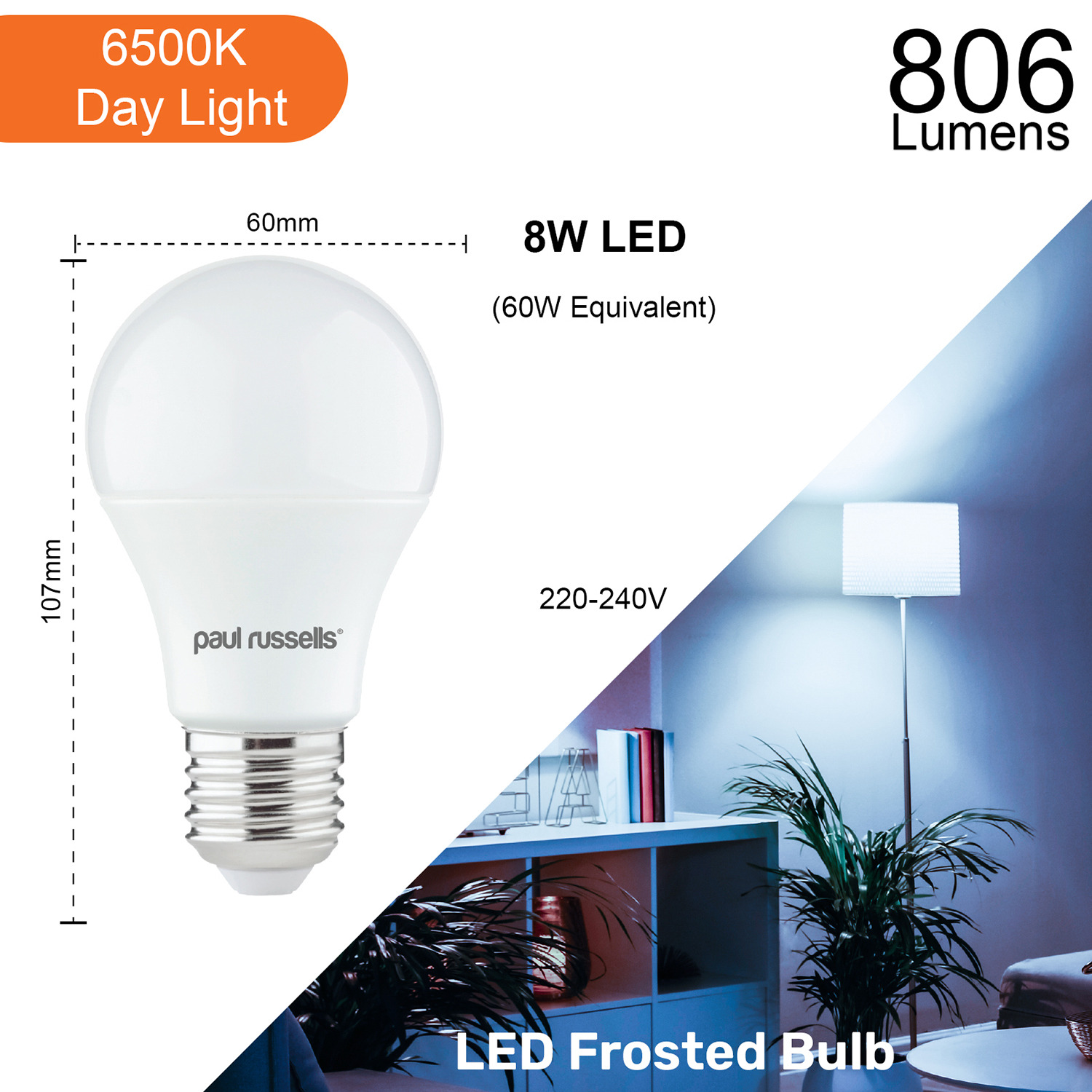 60w LED GLS Non-Dimmable E27 Day Light 6500K Bulb