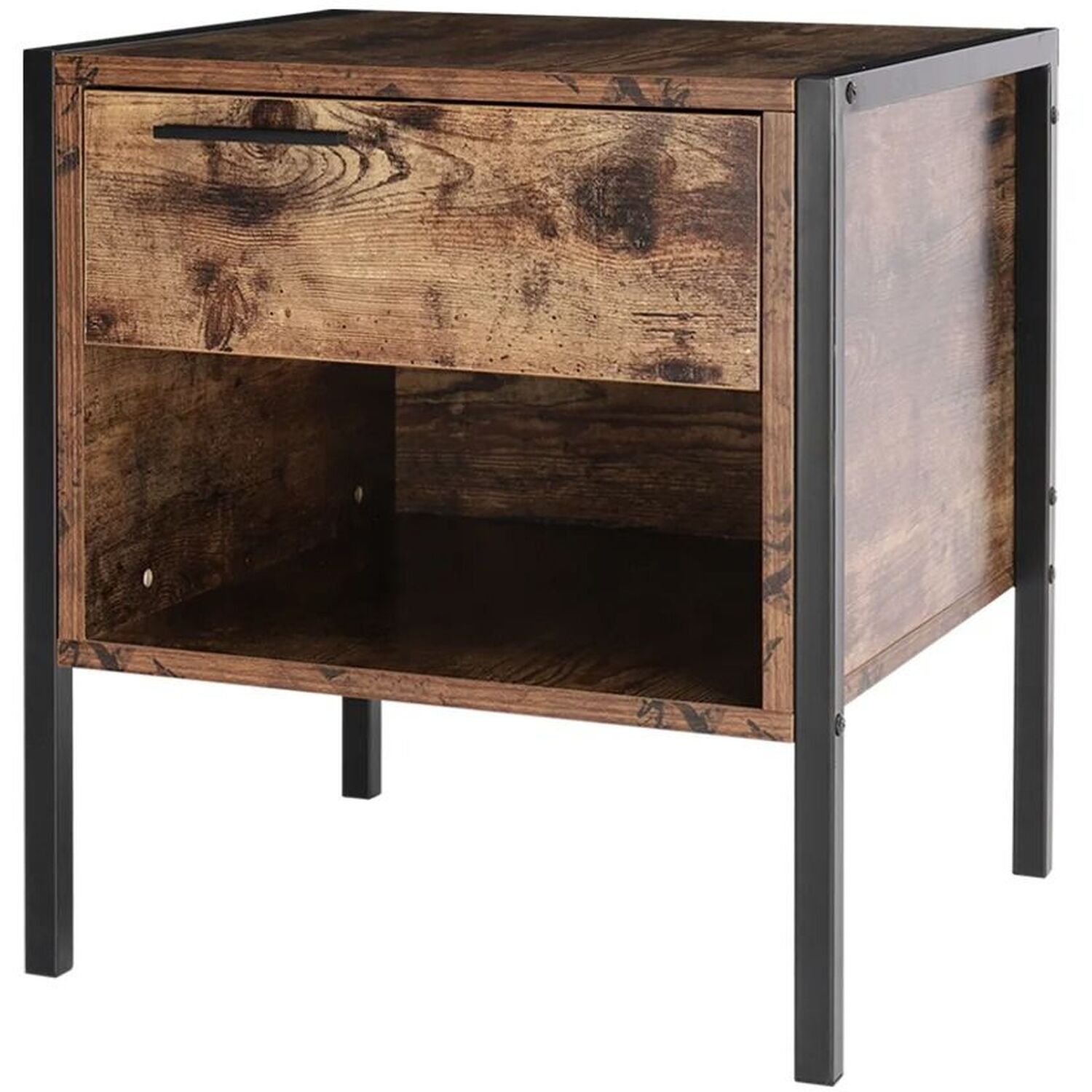 Retro Style Bedside Table with Drawer Open Front Storage Compartment