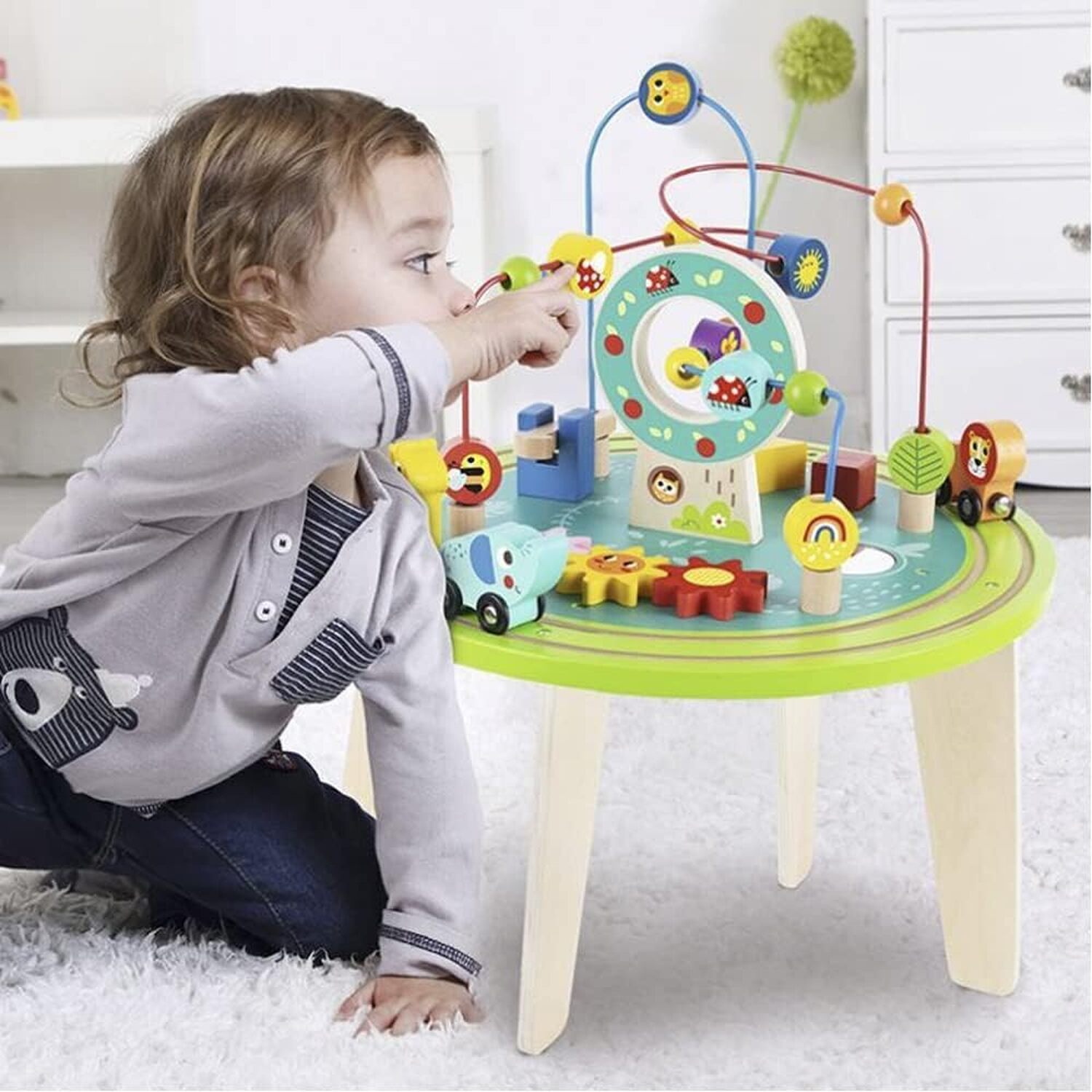 Wooden Activity Table Animal Theme Bead Maze Shape Sorter Rail Track