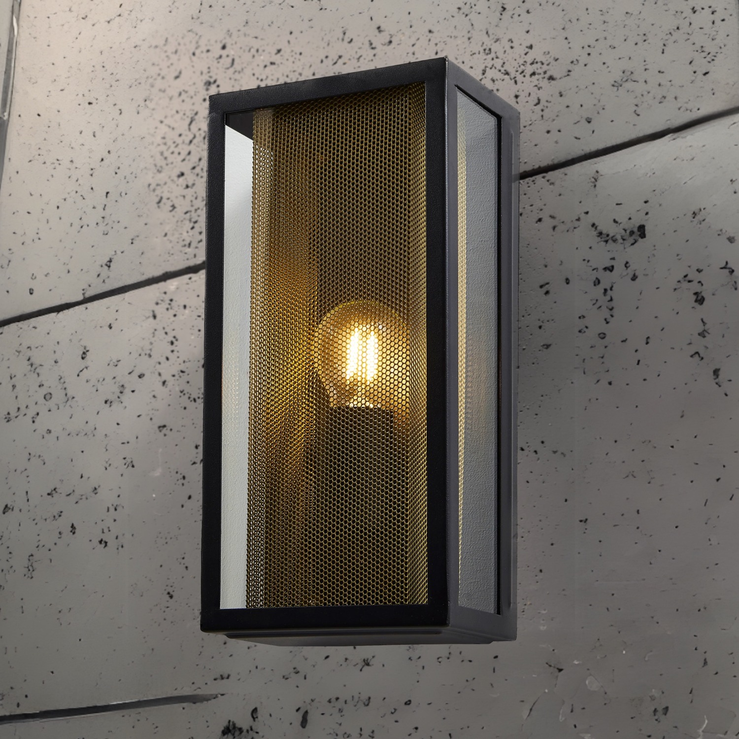 CGC SILAS Black Outdoor Box Lantern Wall Light with Brass Mesh Insert ...