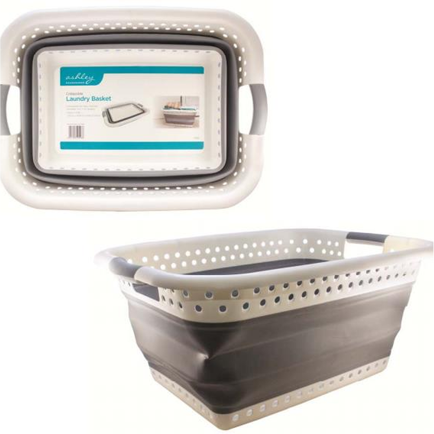 White and Grey Collapsible Laundry Basket for Camping Caravanning