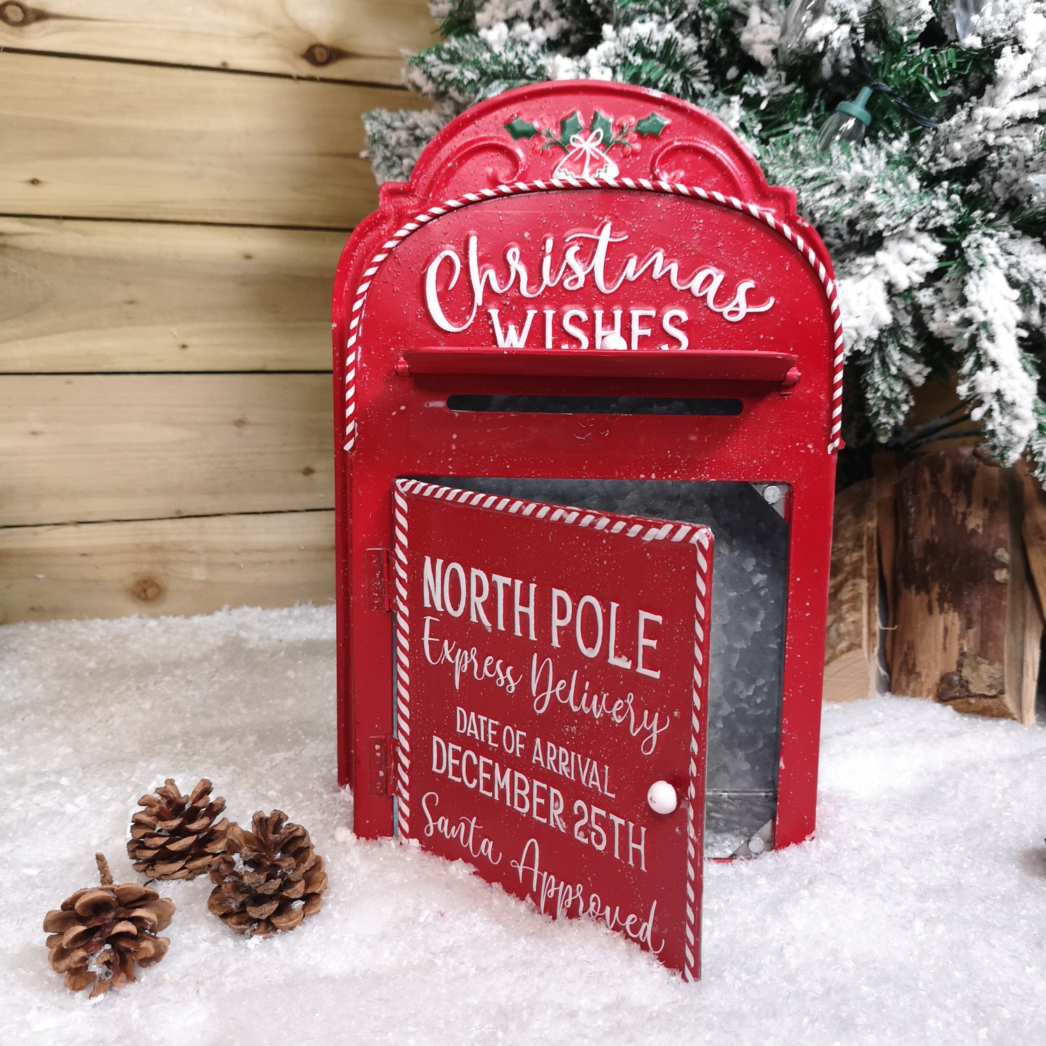 Red with White Detail Christmas Wishes Metal Post Box