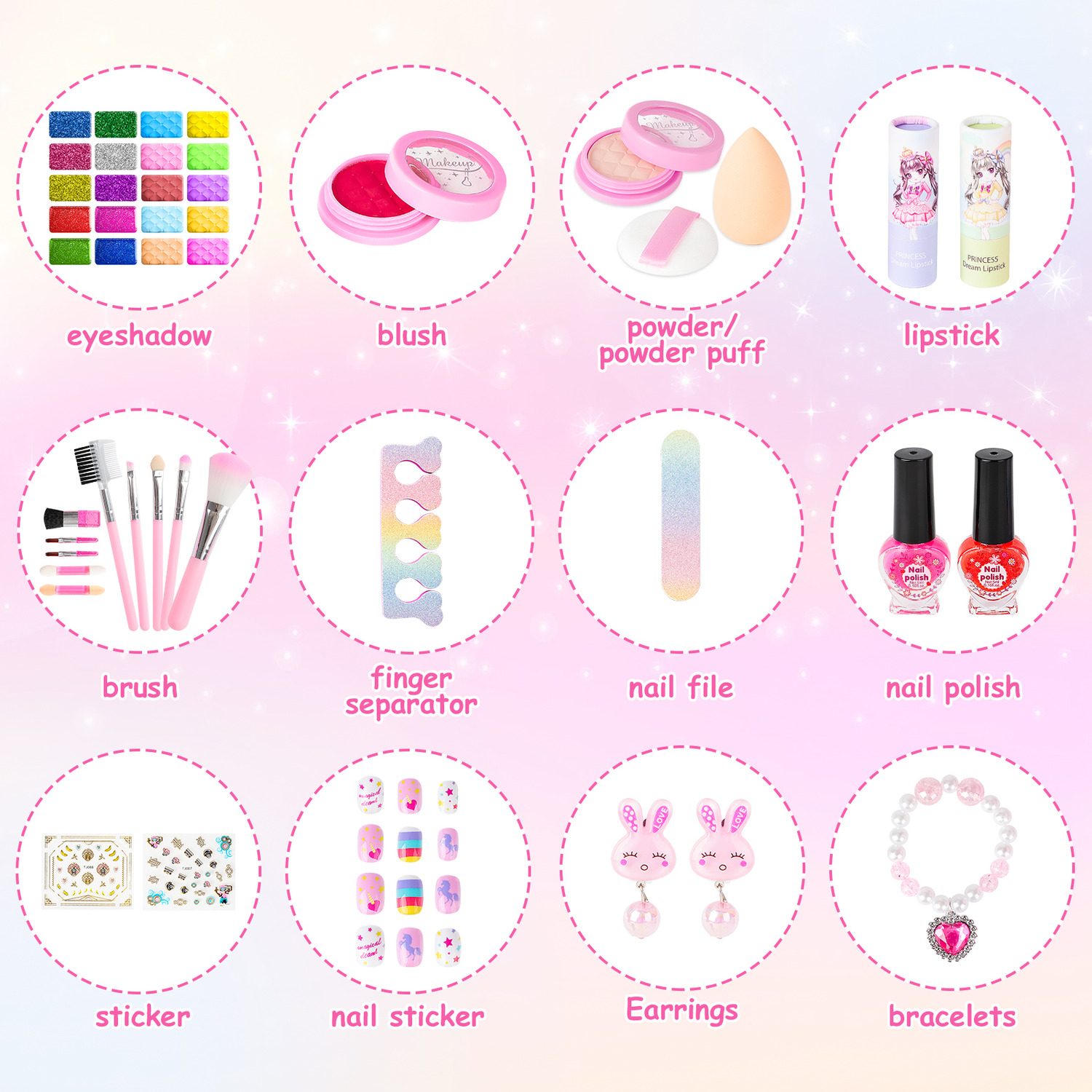 56-in-1 Princess Washable Cosmetics Makeup Case Kit Gift for Girls