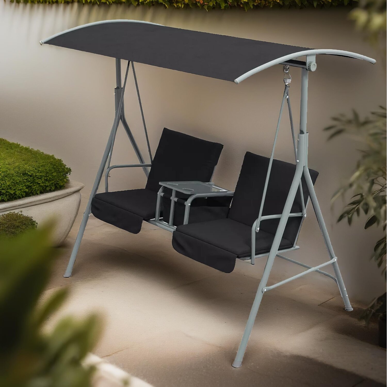 2 Seater Garden Swinging Chair With Pivot Table Storage