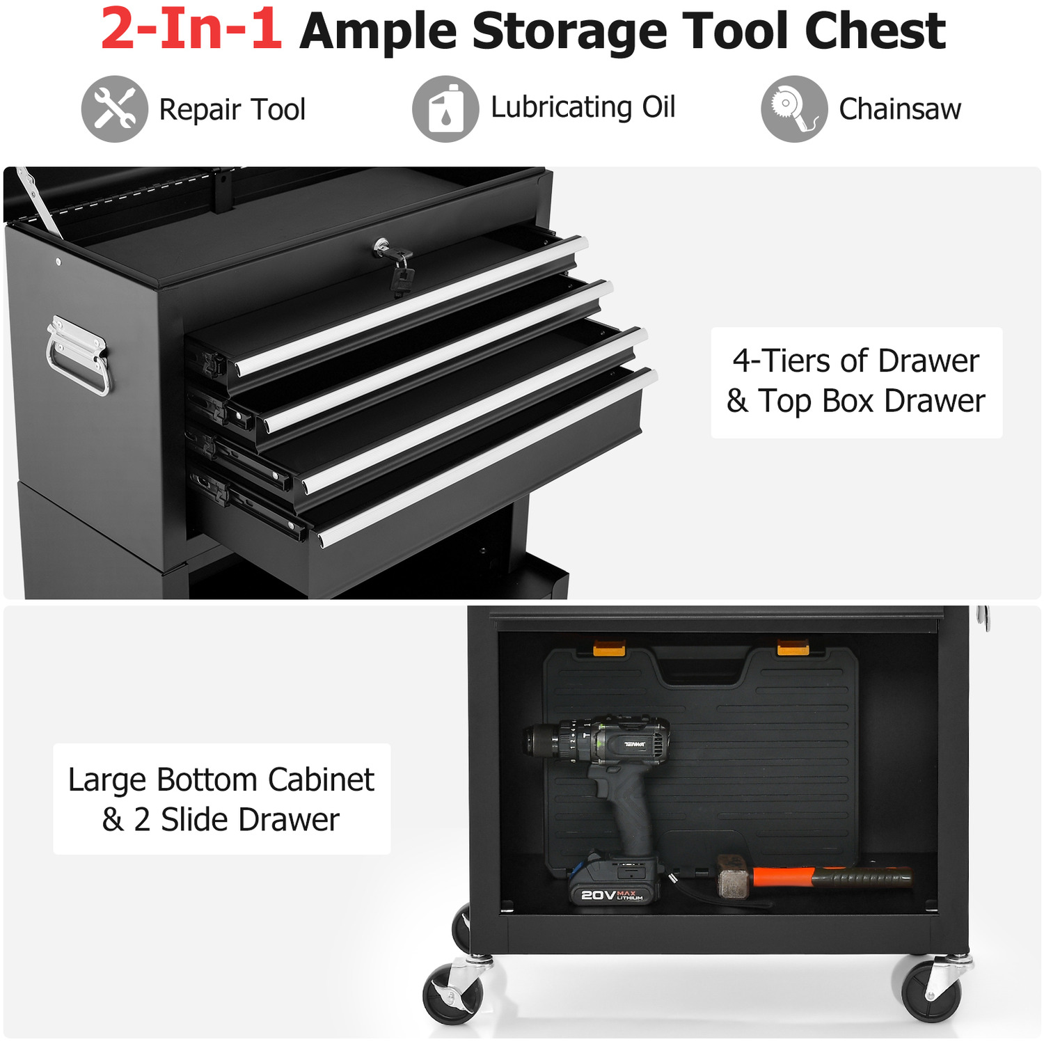 2-In-1 Rolling Lockable Tool Storage Cabinet