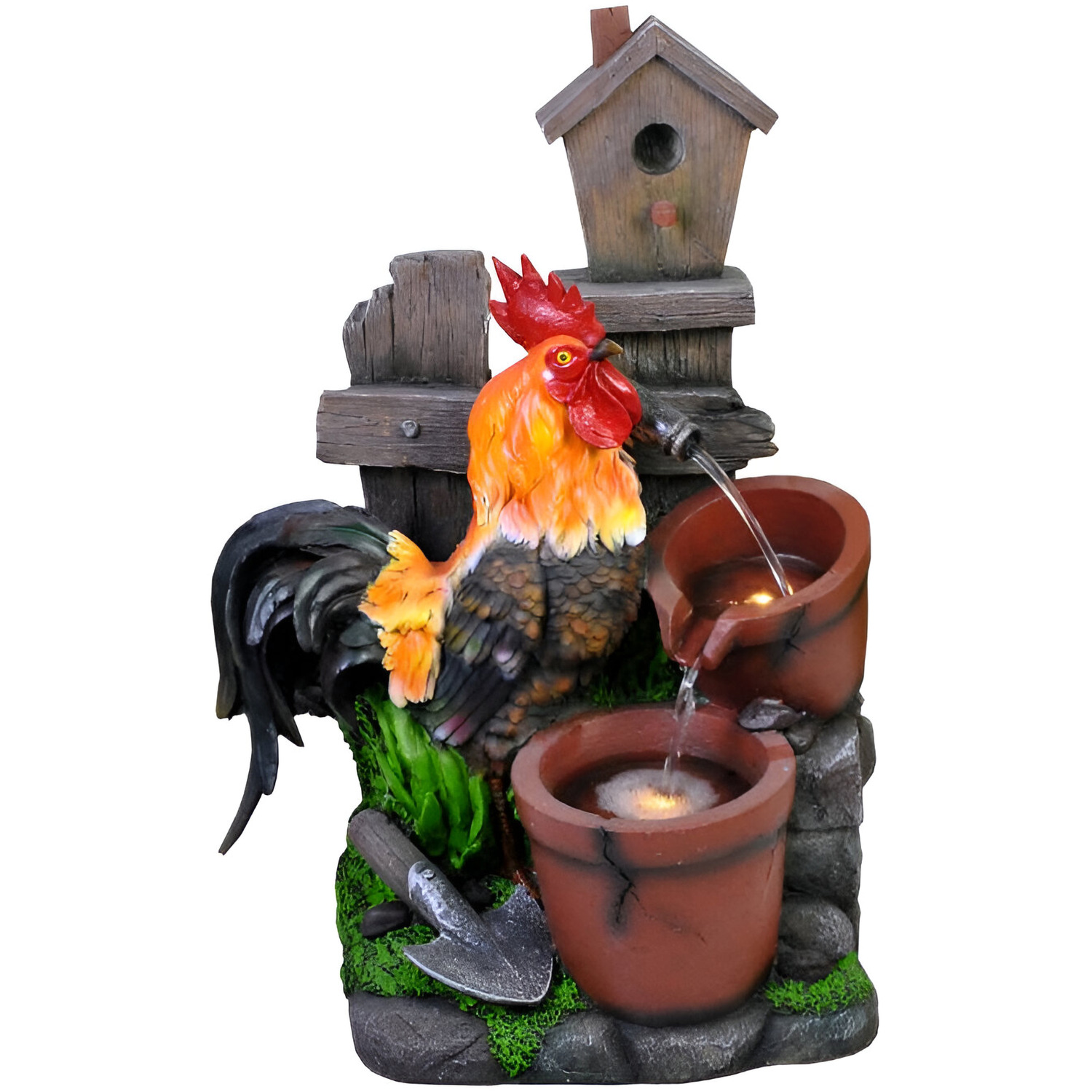 Primrose Solar Rooster Pouring Pots Tiered Water Feature with Lights 57cm