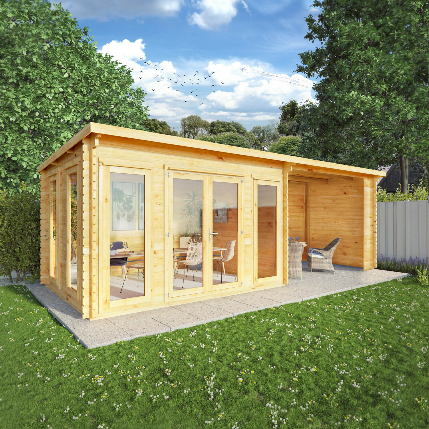 7m x 3m Wooden Log Cabin Studio with Patio Area Pent Roof - 28mm Thickness