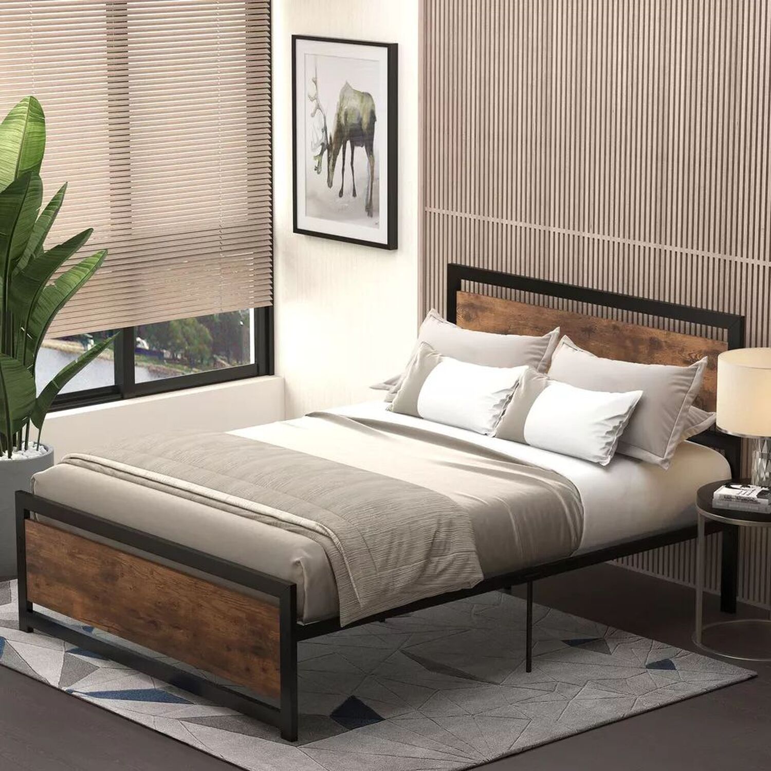 Double Metal and Wood Bed Frame Slat Support