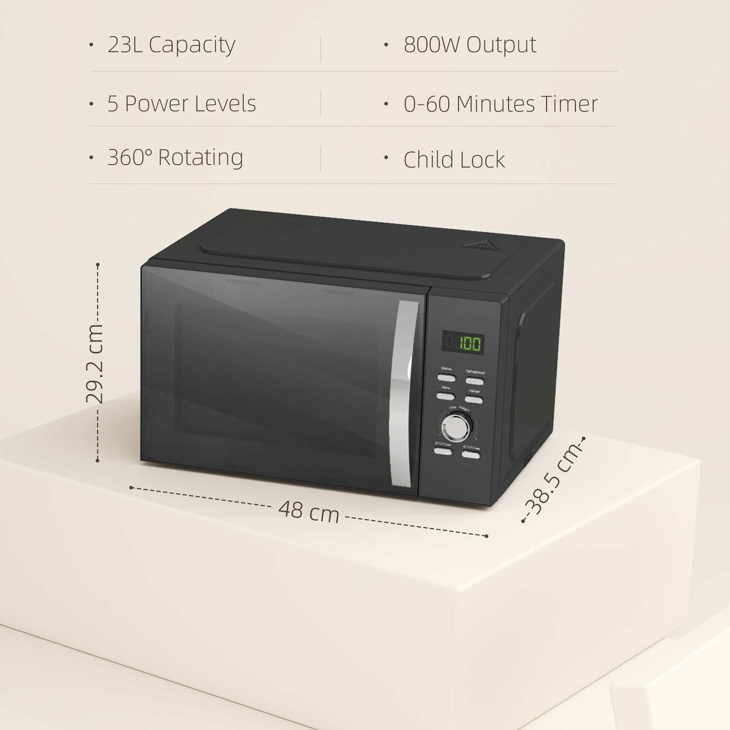 HOMCOM 23L 800W Microwave Oven Digital Solo Microwave with 5 Power Levels