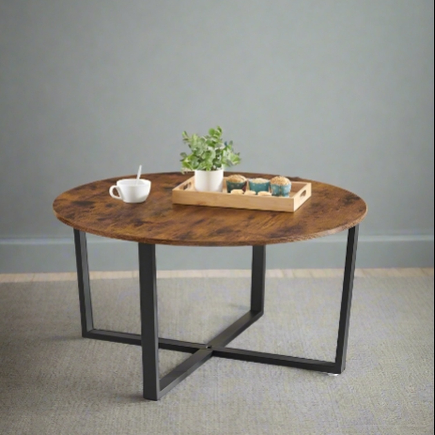 Round Industrial Coffee Table with Durable Metal Frame Easy Assembly Rustic