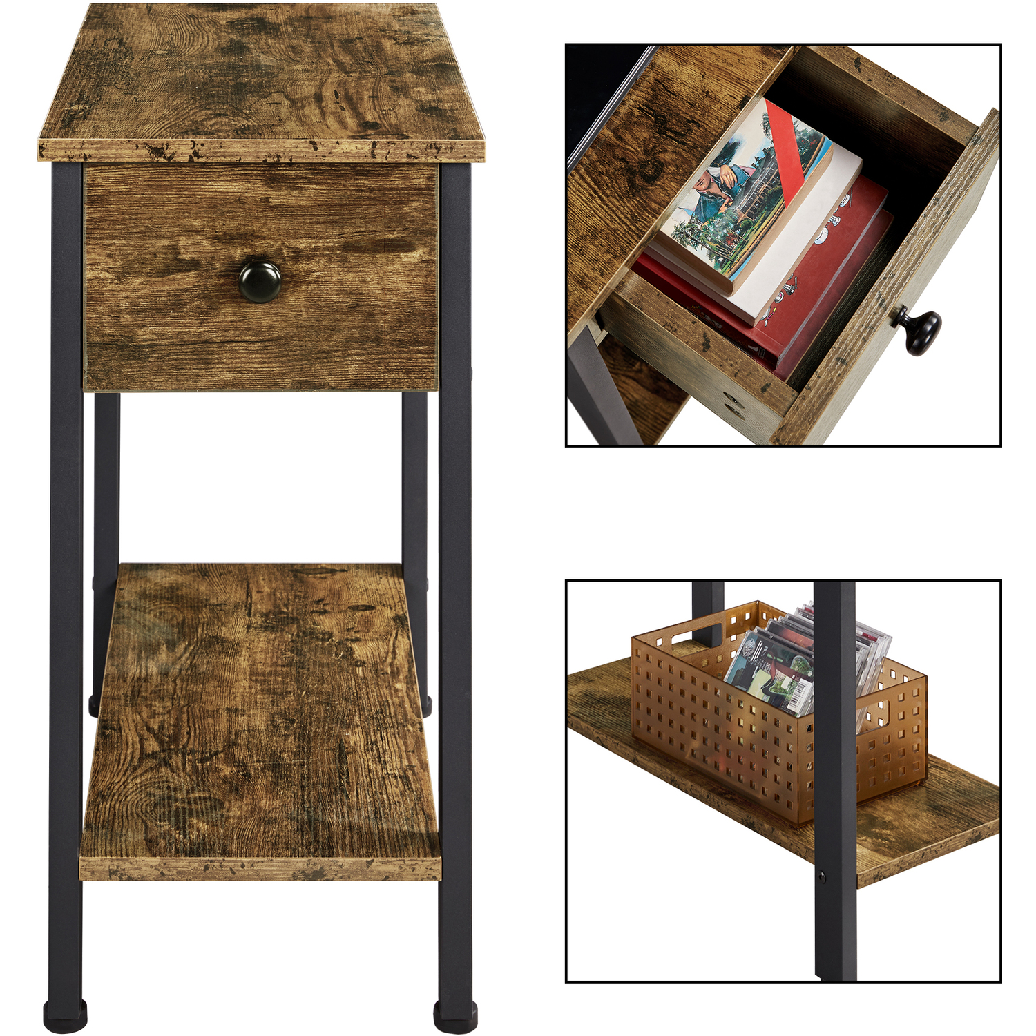 Narrow Bedside Table with Drawer and Open Shelf