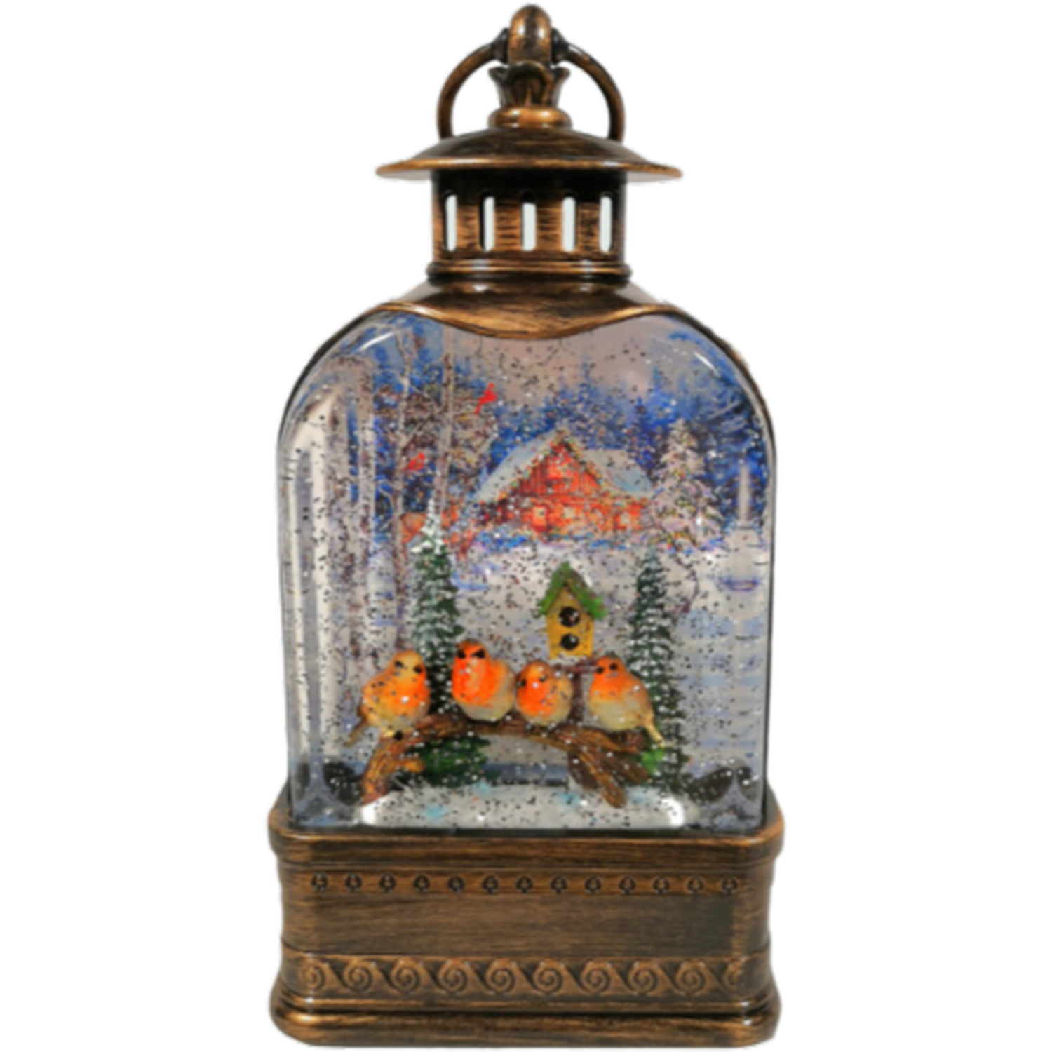 Dual Power LED Christmas Glitter Water Spinner Lantern Robin Scene