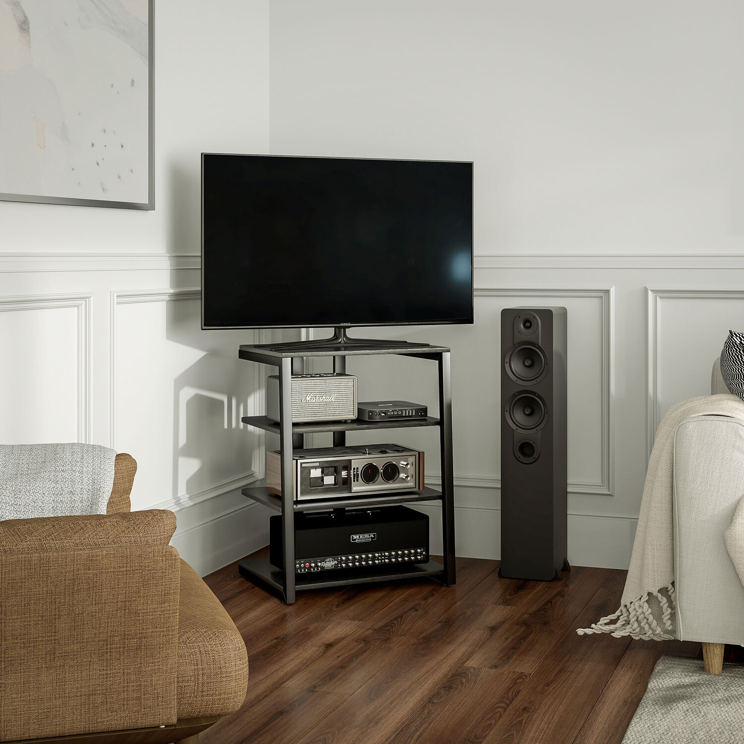 HOMCOM Corner TV Unit with Open Shelves and Extension Lead Holder